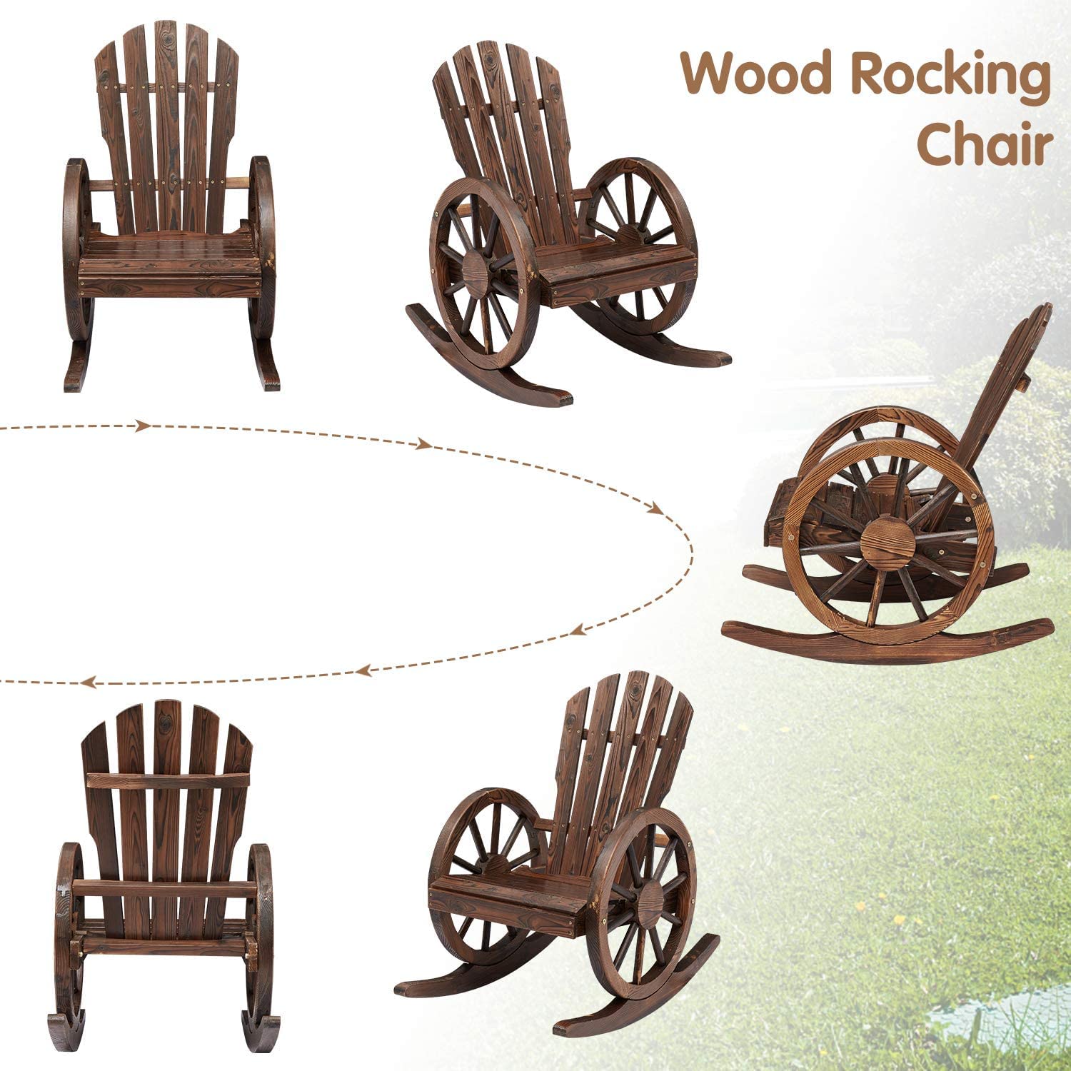 Kinsuite 2 PCS Fir Wooden Rocking Chair Set with Wheel Armrest, Outdoor Wagon Rocking Chairs for Garden, Lawn, Yard, Rustic Brown