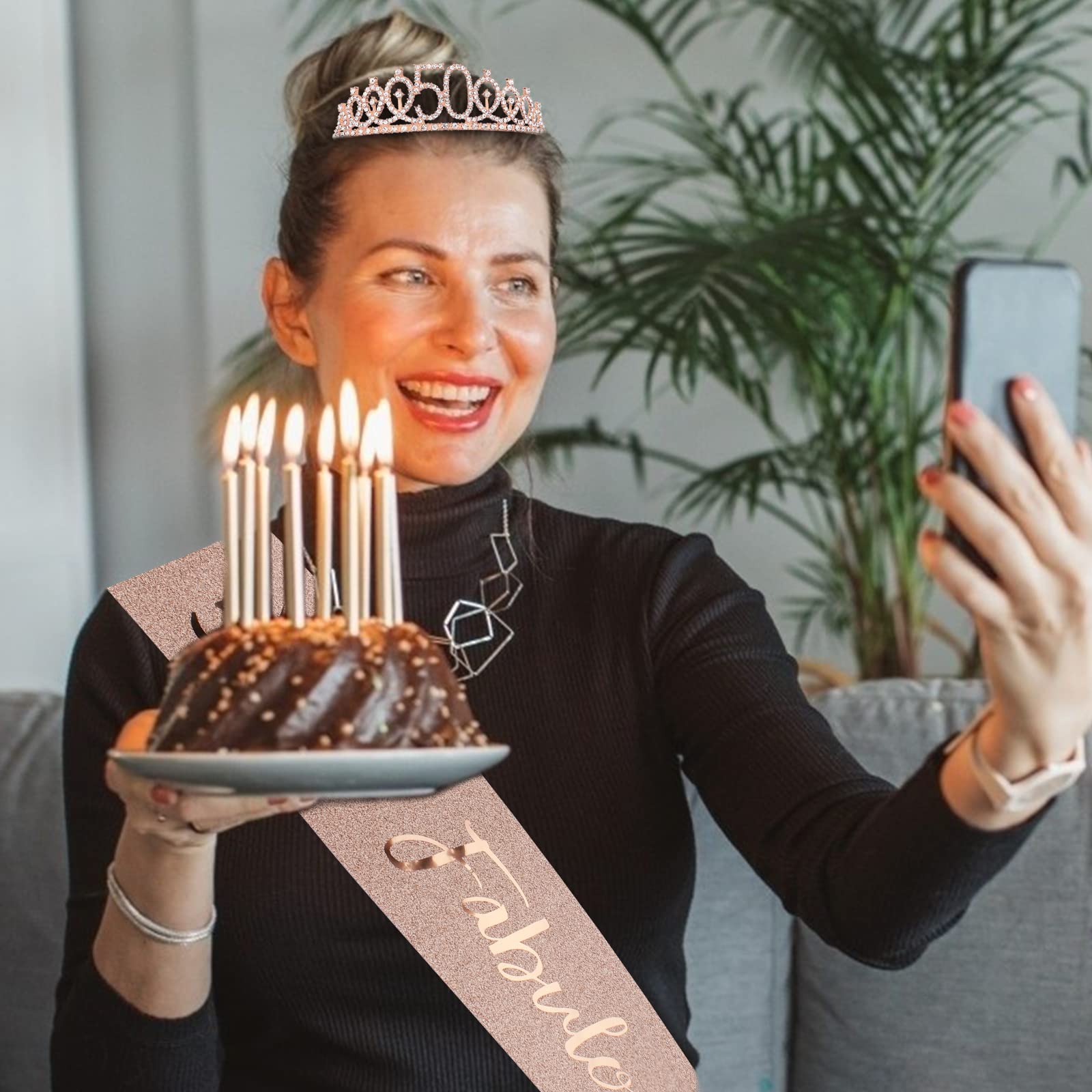 Semato 50th Birthday Decorations 50th Birthday Tiara Sash Kit- 50th Birthday Gifts for Women 50th Birthday Party Decorations (rose gold)
