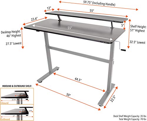 Stand Steady Tranzendesk 55 in Standing Desk with Clamp On Shelf | Easy Crank Height Adjustable Stand Up Workstation w/Attachable Monitor Riser | Holds 3 Monitors & Adds Desk Space (55/Silver Base)