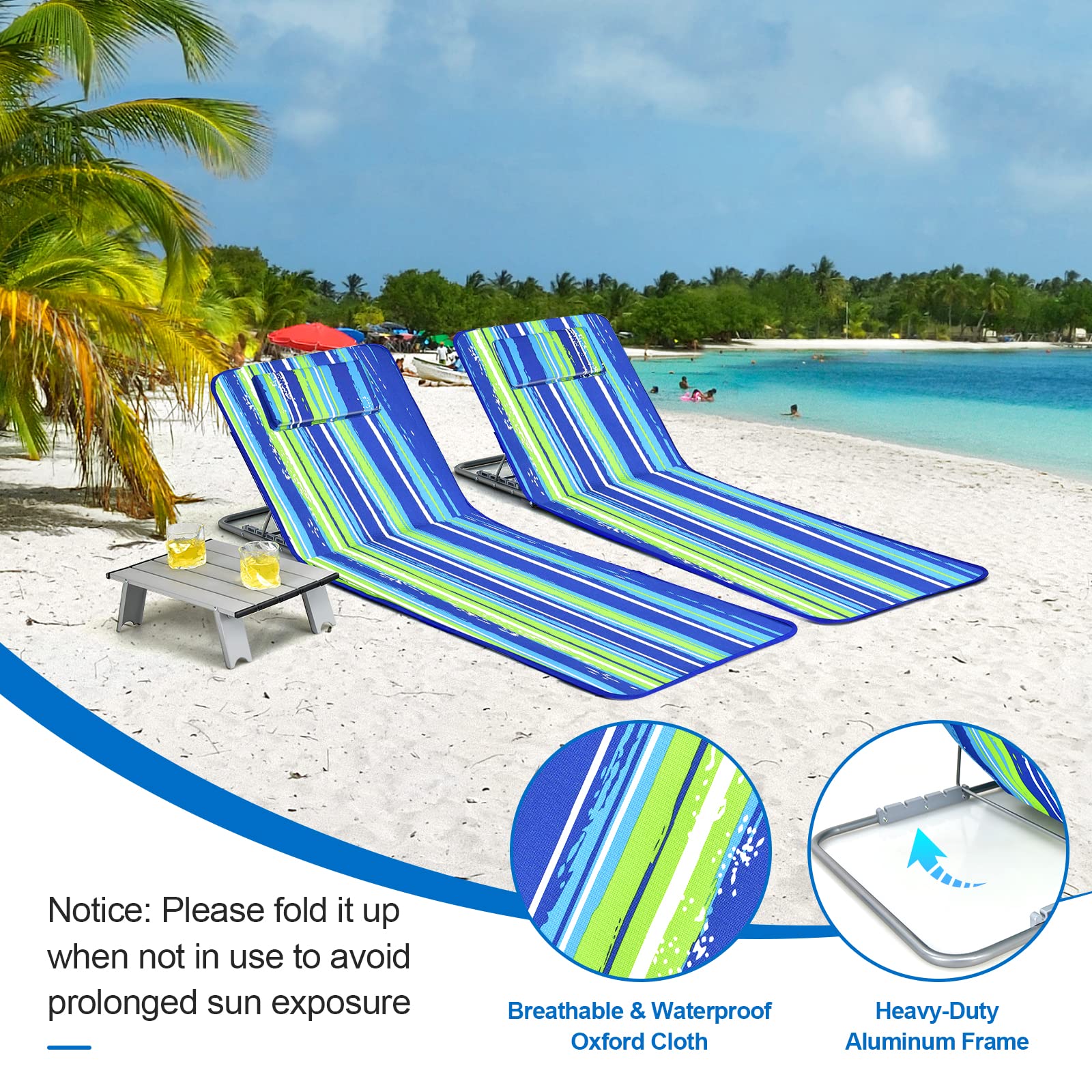 GYMAX Beach Chairs, Folding Tanning Lounge Chairs with Table Set, Adjustable Patio Floor Chair, Outdoor Sunbath Chair with Desk, Pillow & Storage Bag for Outside, Patio, Poolside (Blue Stripe)