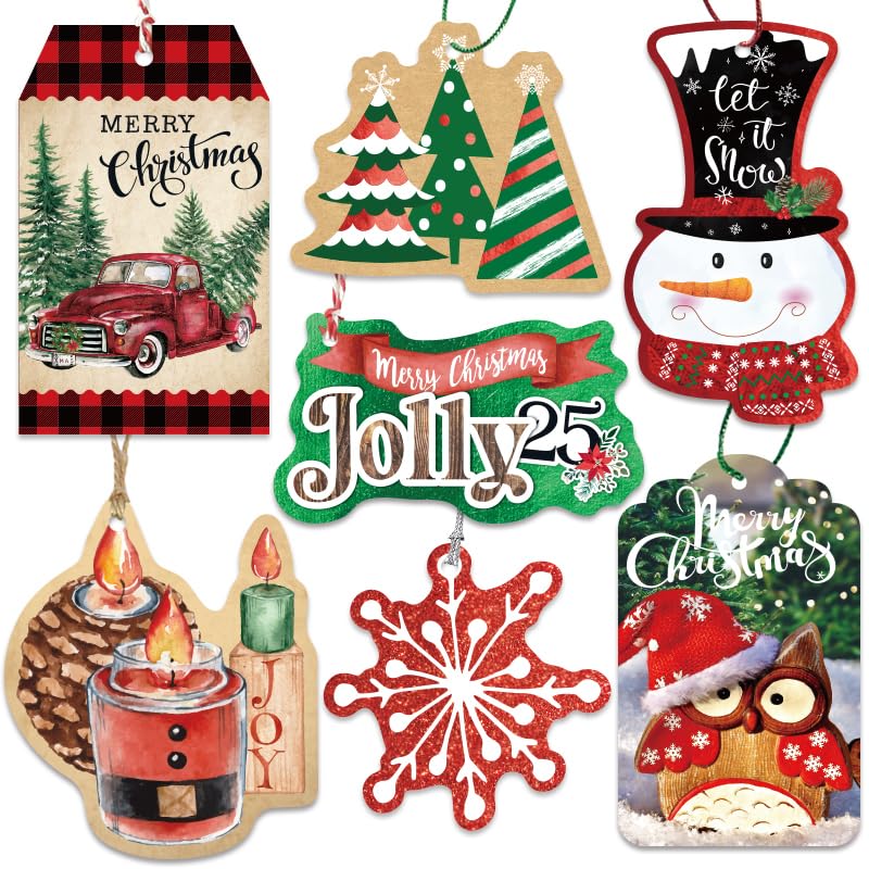 Christmas Name Tags 60 Count with Untied String for Gifts(15 Assorted Glitter, Foil, Printed Designs for Xmas Holiday Present Wrapping)