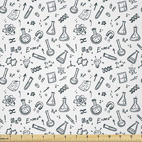Lunarable Science Fabric by The Yard, Hand Drawn Chemistry Theme Doodle Experiment Design Arrangement, Stretch Knit Fabric for Clothing Sewing and Arts Crafts, 1 Yard, Blue White