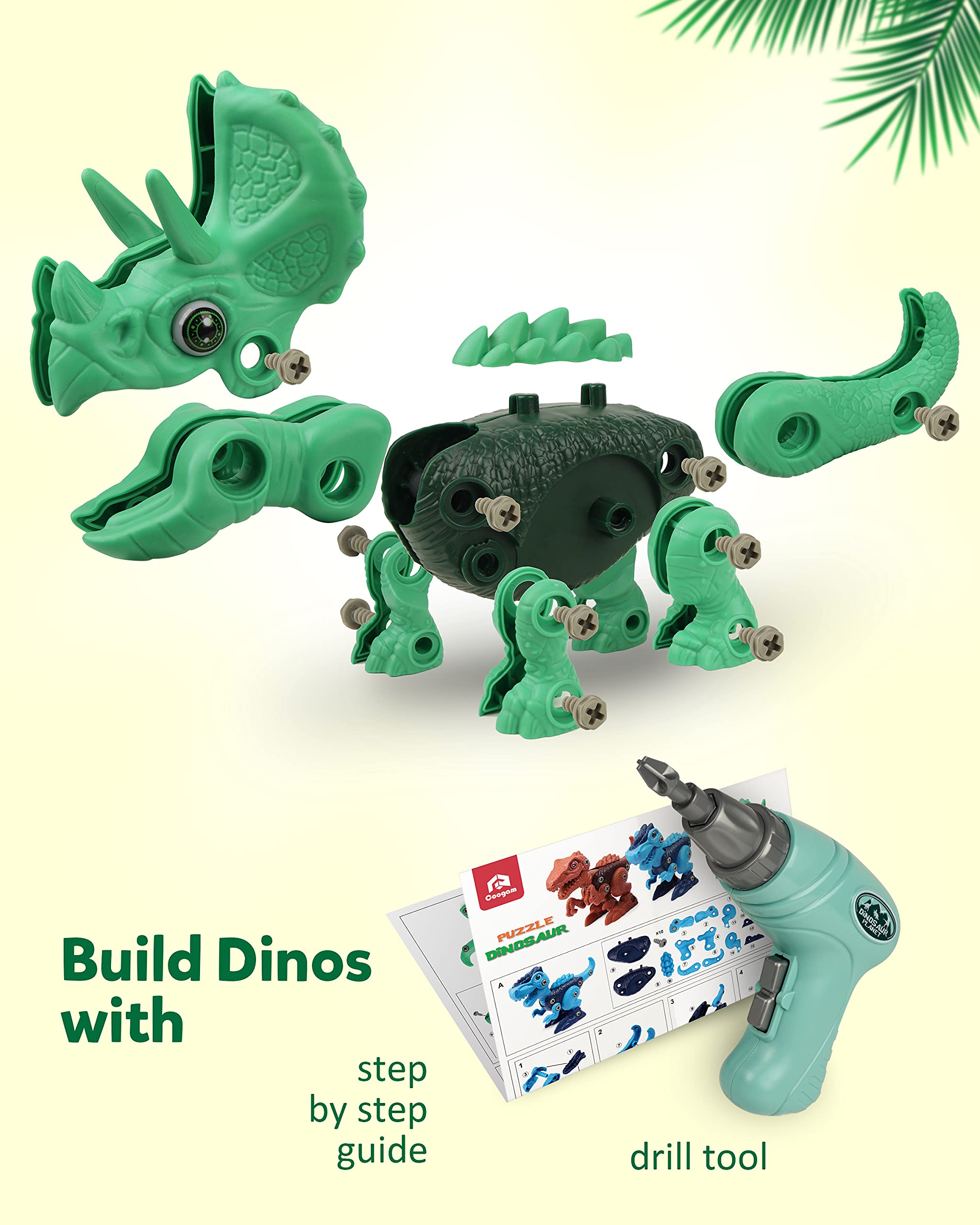 Coogam Take Apart Dinosaur Construction Toys 3 Pack, Fine Motor Skill Building Dinosaur Set STEM Educational Gift Game with Drill-Tyrannosaurus, Triceratops, Velociraptor for Year Old Kids