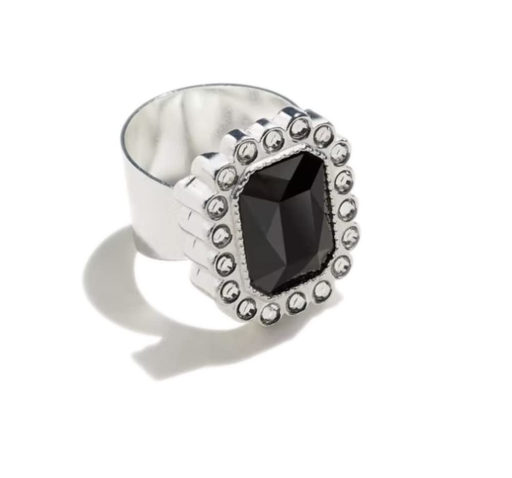 Alex and Ani Black Emerald Cocktail Ring for Women, Shiny Silver Finish, Fits Ring Sizes 6 to 9
