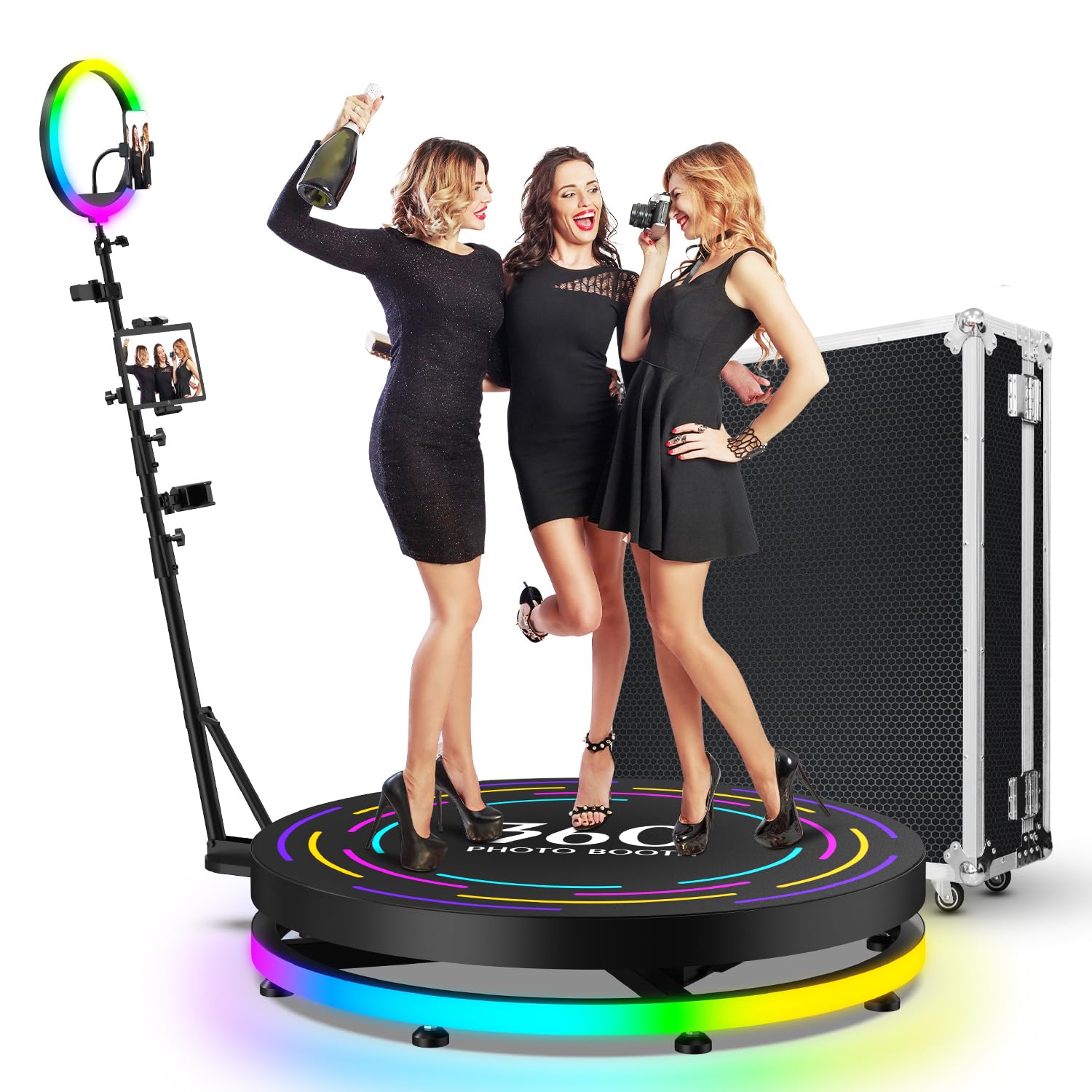 ABCISMO 360 Photo Booth Machine for Parties,360 Degree Auto Rotating Camera Booth Machine with Flight case,1-3 People Stand on Photo Booth with Logo Customization(31.5"+Flight Case)