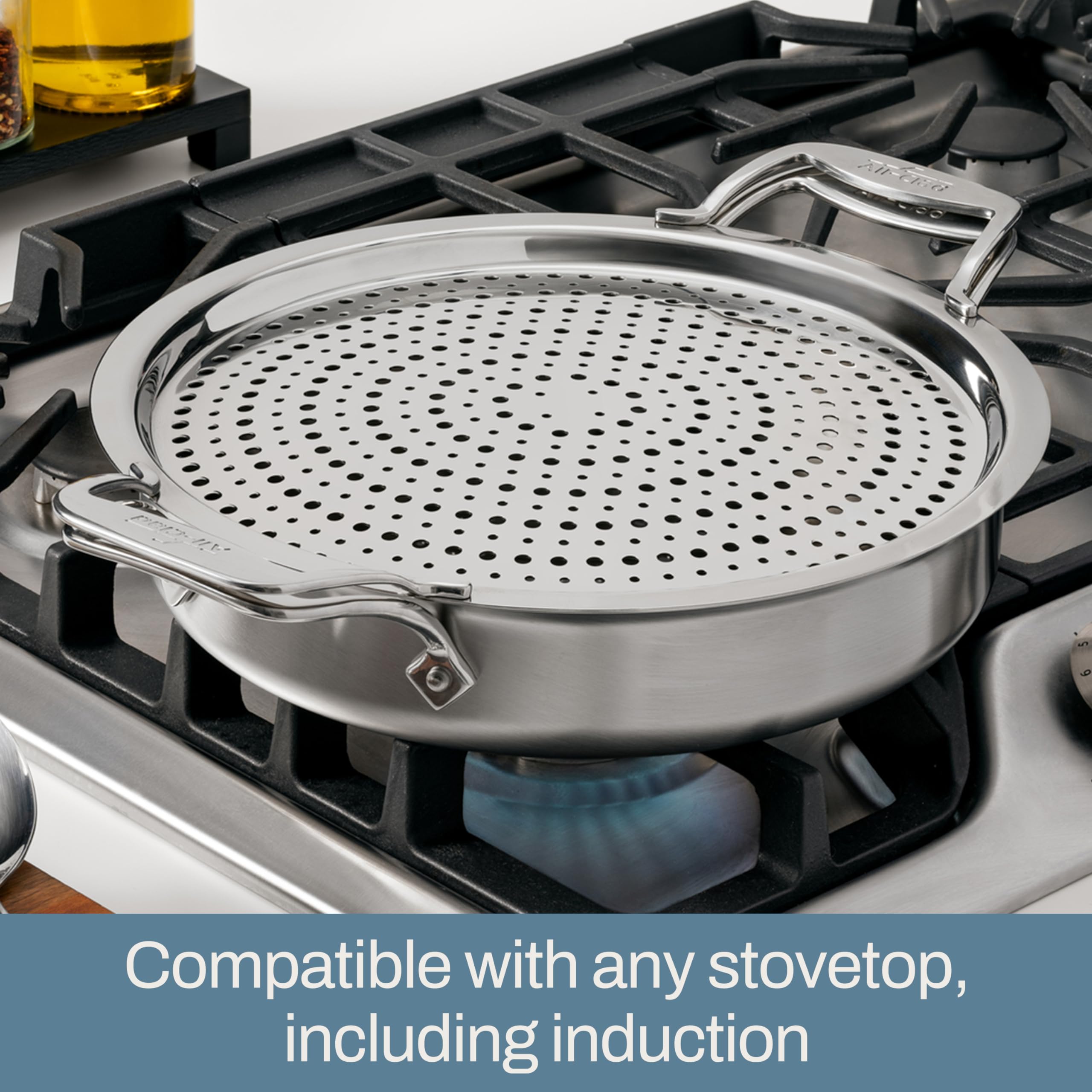 All-Clad D5 5-Ply Brushed Stainless Steel Stockpot with lid and Strain & Splatter Guard, 8-Quart, Induction, Oven & broiler safe up to 600°F, Cookware, Pots and Pans, Kitchen Essential, Silver