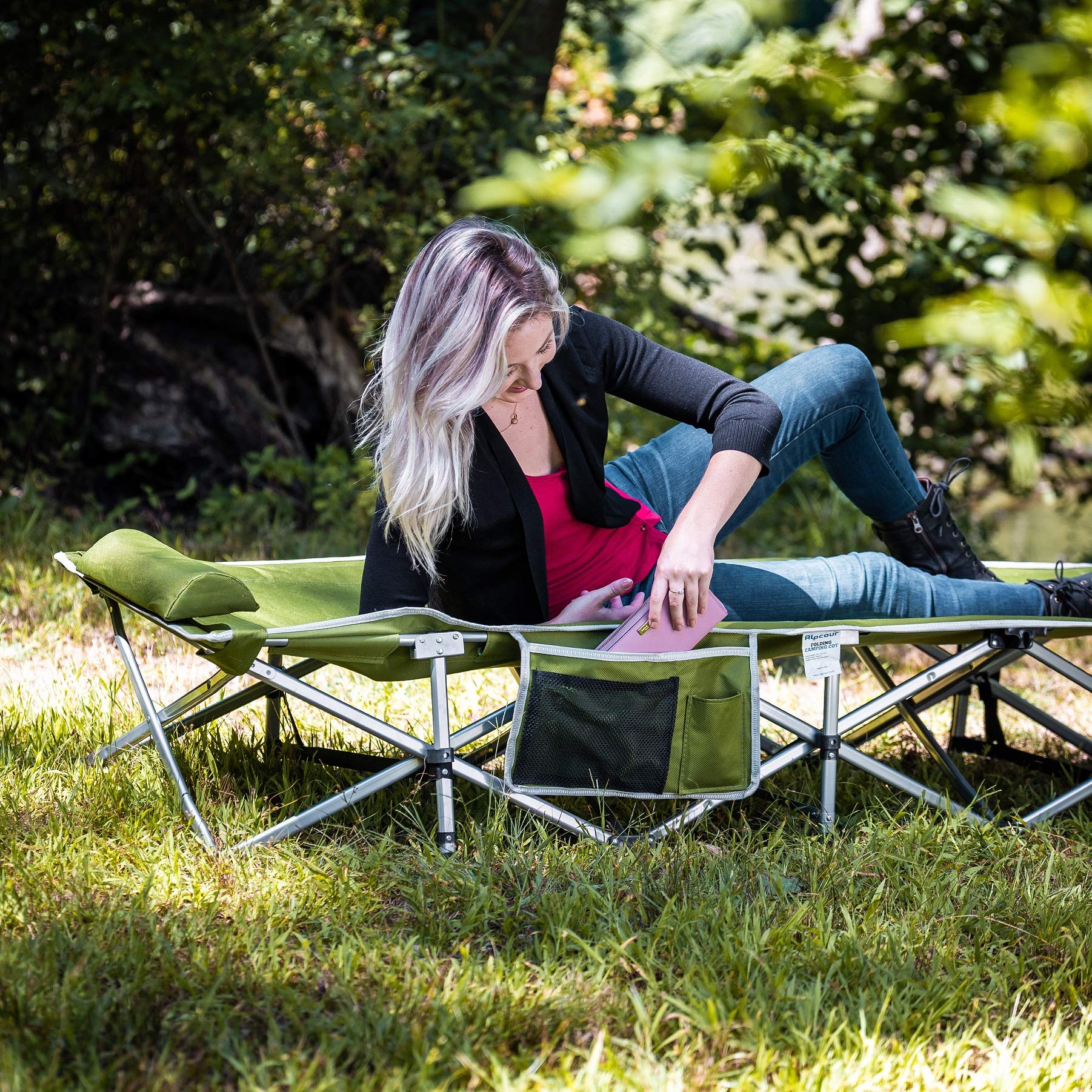 Alpcour Folding Camping Cot – Extra Strong Single Person Small-Collapsing Bed in a Bag w/Pillow for Indoor & Outdoor Use – Deluxe Comfortable Extra Heavy Duty Design Holds Adults & Kids Up to 440 Lbs