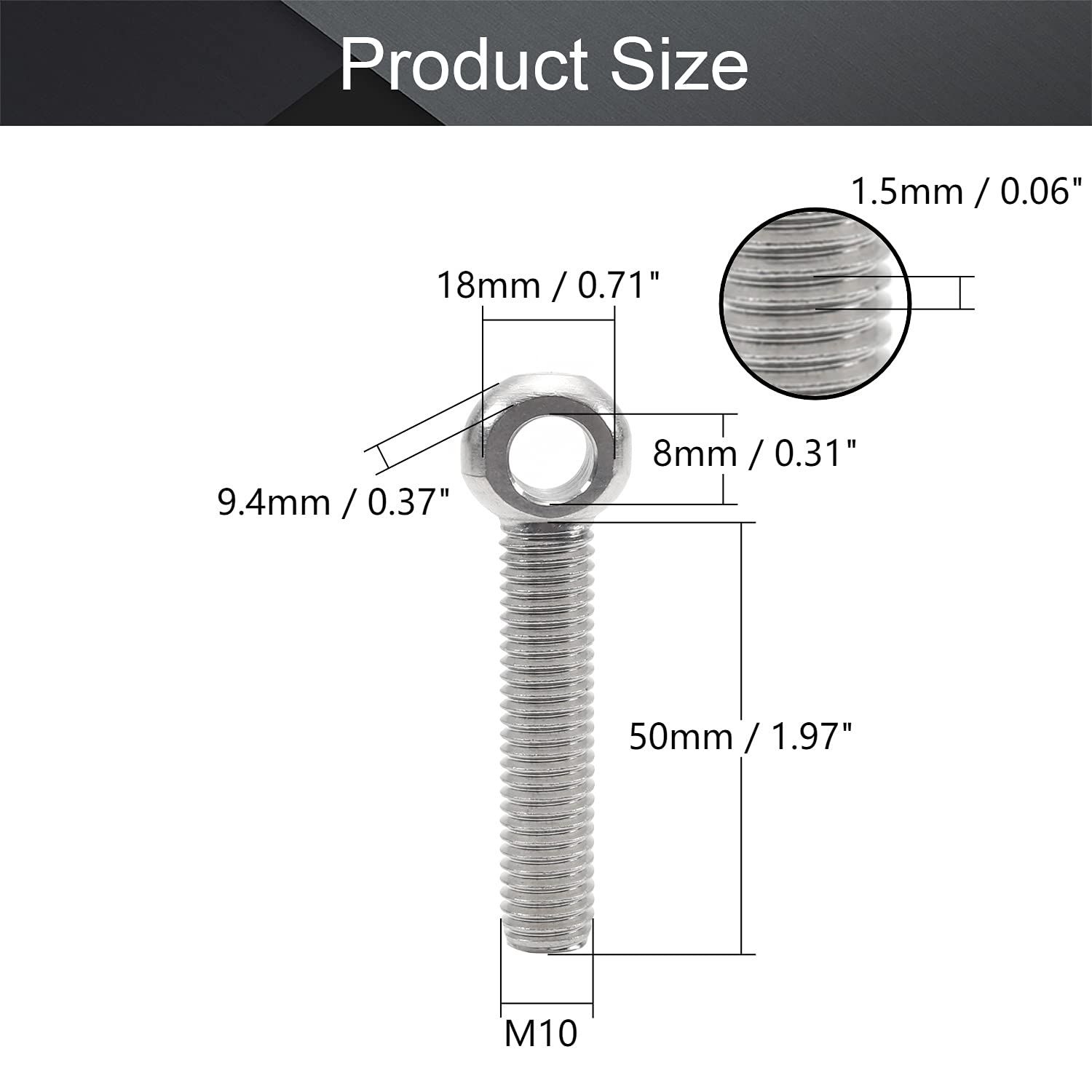 MroMax M10x 50mm Machinery Shoulder Swing Lifting Eye Bolt 304 Stainless Steel Metric Thread Silver 5pcs