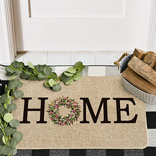 Artoid Mode Home Tulips Lily Wreath Decorative Doormat, Seasonal Spring Holiday Low-Profile Floor Mat Switch Mat for Indoor Outdoor 17 x 29 Inch