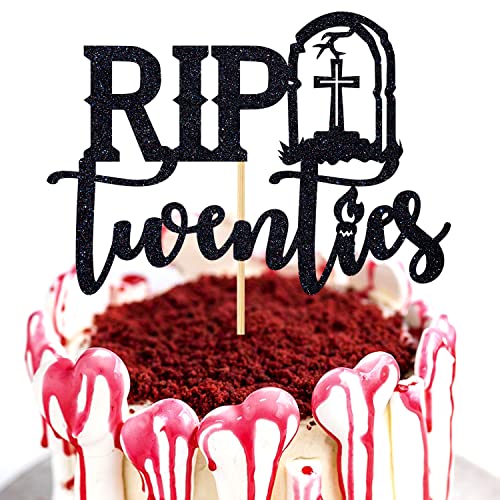 Black Glitter Rip Twenties Cake Topper, Death to My Twenties/Rip to My Twenties Cake Decorations, Old English Themed 30th Birthday Party Decorations