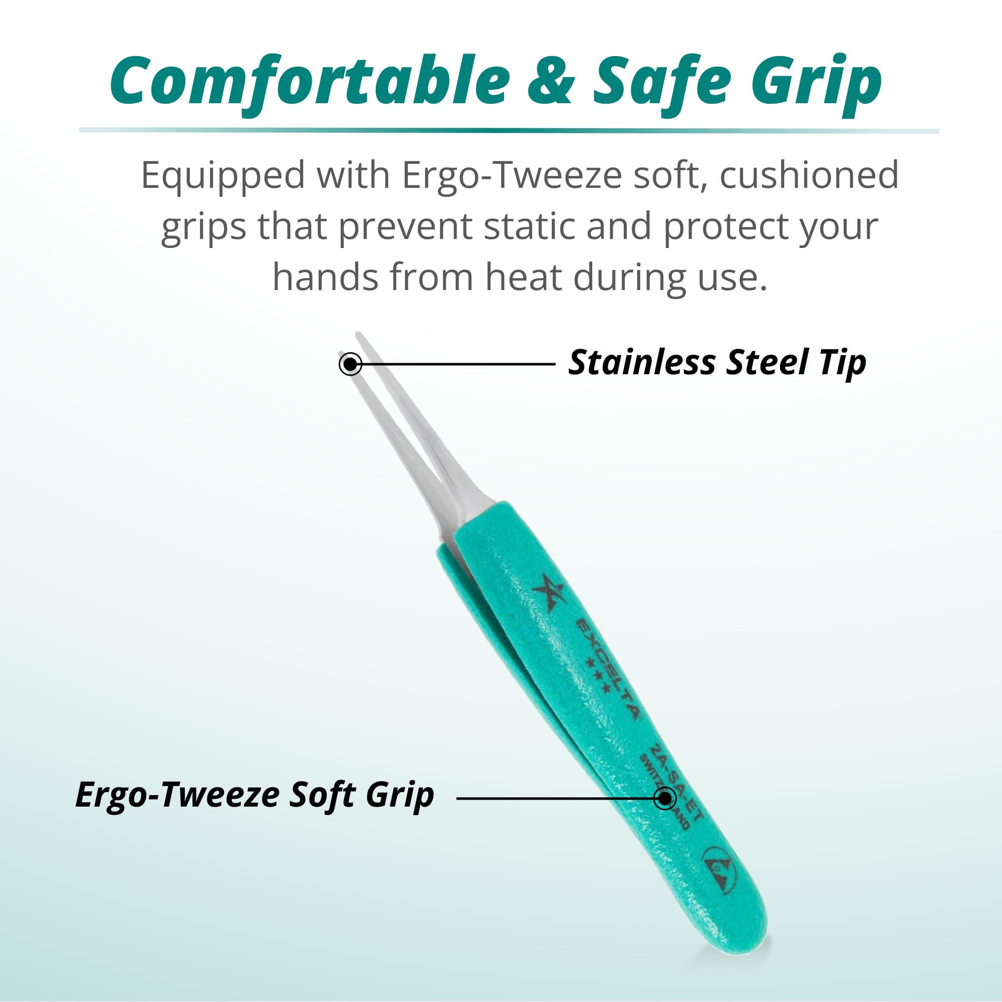 Excelta Stainless Steel Tweezers, 5.25" Straight Tapered Flat Point, Anti-Static Cushioned Grip for SMD, Electronics & Lab Use, Professional