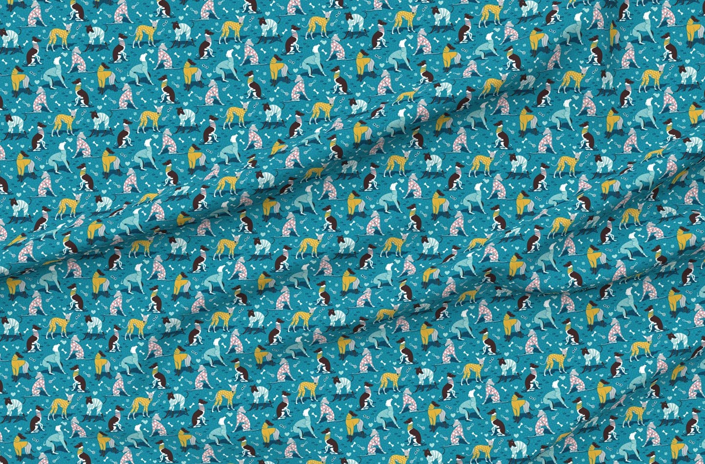 Spoonflower Fabric - Small Scale Greyhounds Turquoise Greyhound Dogs Breeds Hound Printed on Petal Signature Cotton Fabric by The Yard - Sewing Quilting Apparel Crafts Decor