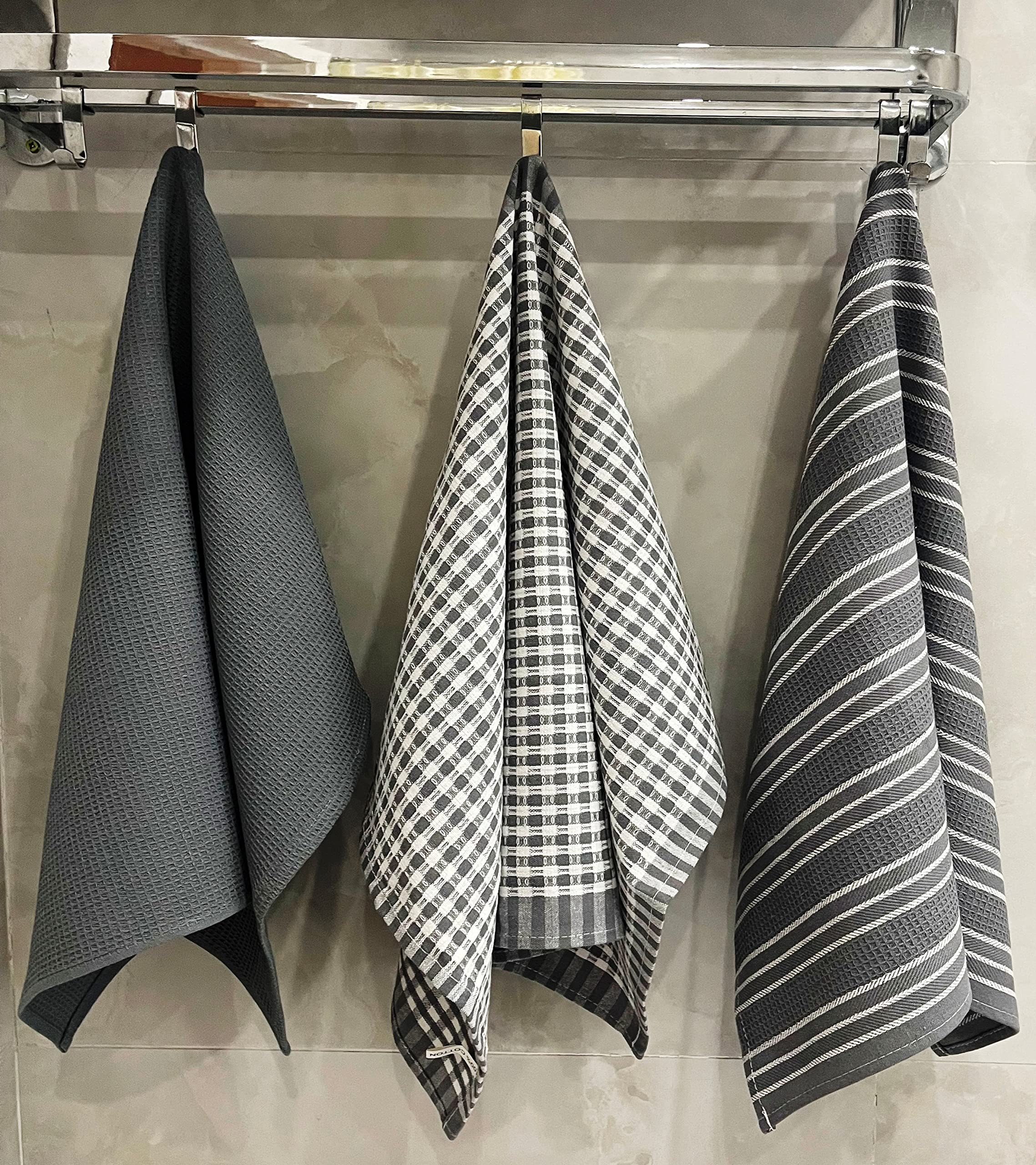 Akma's textile 100% Natural Cotton Kitchen Towels (17”x 28”, 3 Pack), Set of 3 Waffle Weave Tea Towels, Highly Absorbent Cloth Dish Napkins, Quick Drying Dish Towels, Classic Cloth Napkins, Dark Gray
