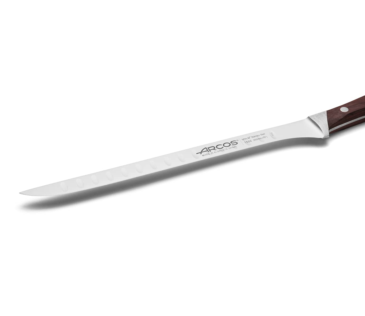 Arcos Forged Slicing Ham Knife 10 inch with 250mm blade. Nitrum Stainless Steel Blade. Professional Kitchen Knife. Rosewood Brown Handle. Rust & Corrosion Resistant. Smooth edge. Natura Series.