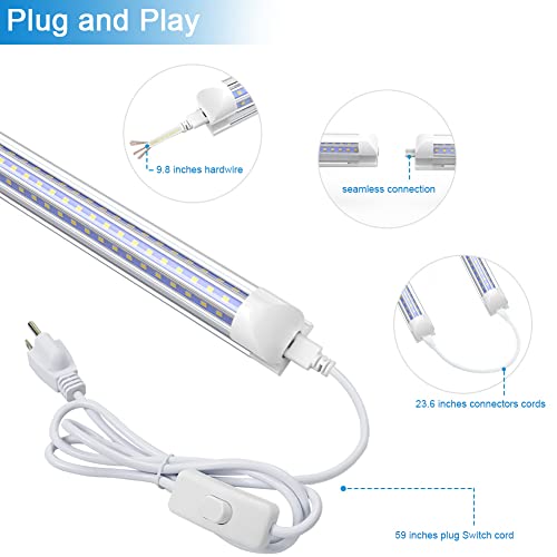 SHOPLED 8FT LED Shop Light Fixture, 90W 11700LM 6000K Cool White, D Shape, High Output, Clear Cover, T8 Linkable 8 Foot LED Tube Light for Garage with Plug, Warehouse, Workshop, 4 Pack