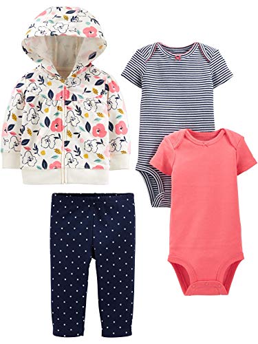 Simple Joys by Carter's Baby Girls' 4-Piece Jacket, Pant, and Bodysuit Set, Coral Pink/Ecru Floral/Navy Dots/Stripe, 18 Months