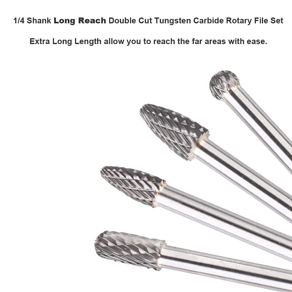 AYSUM 6-Inch Long Carbide Rotary Burr Set 6 mm (0.25 inch) Shank Long Reach Double Cut Tungsten Carbide Rotary File Set Fits Rotary Tool for Woodworking Drilling Carving Engraving, 4pcs