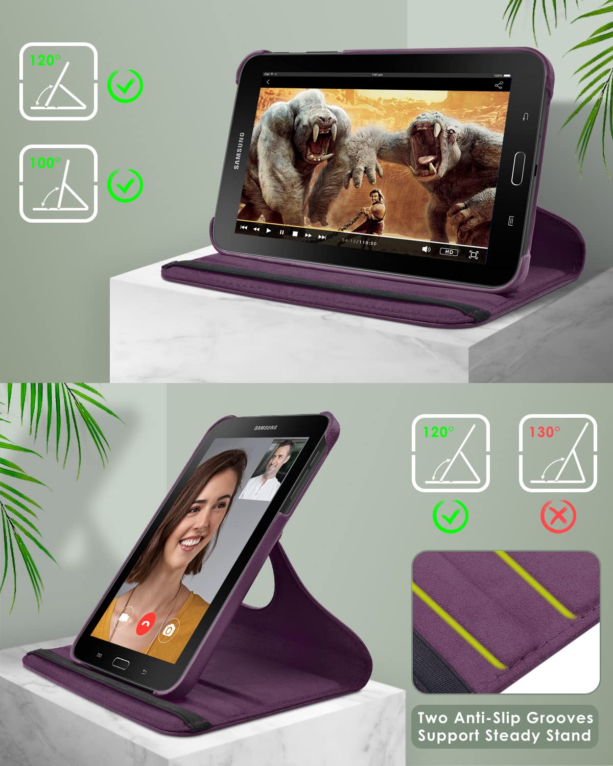 DETUOSI Rotating Case for Samsung Galaxy Tab 3 Lite 7.0" 2014 (SM-T110/ T113), 360° Swivel Multi-Angle Stand Folio Lightweight Leather Book Cover + Protective Hard Back Shell + Elastic Strap Closure