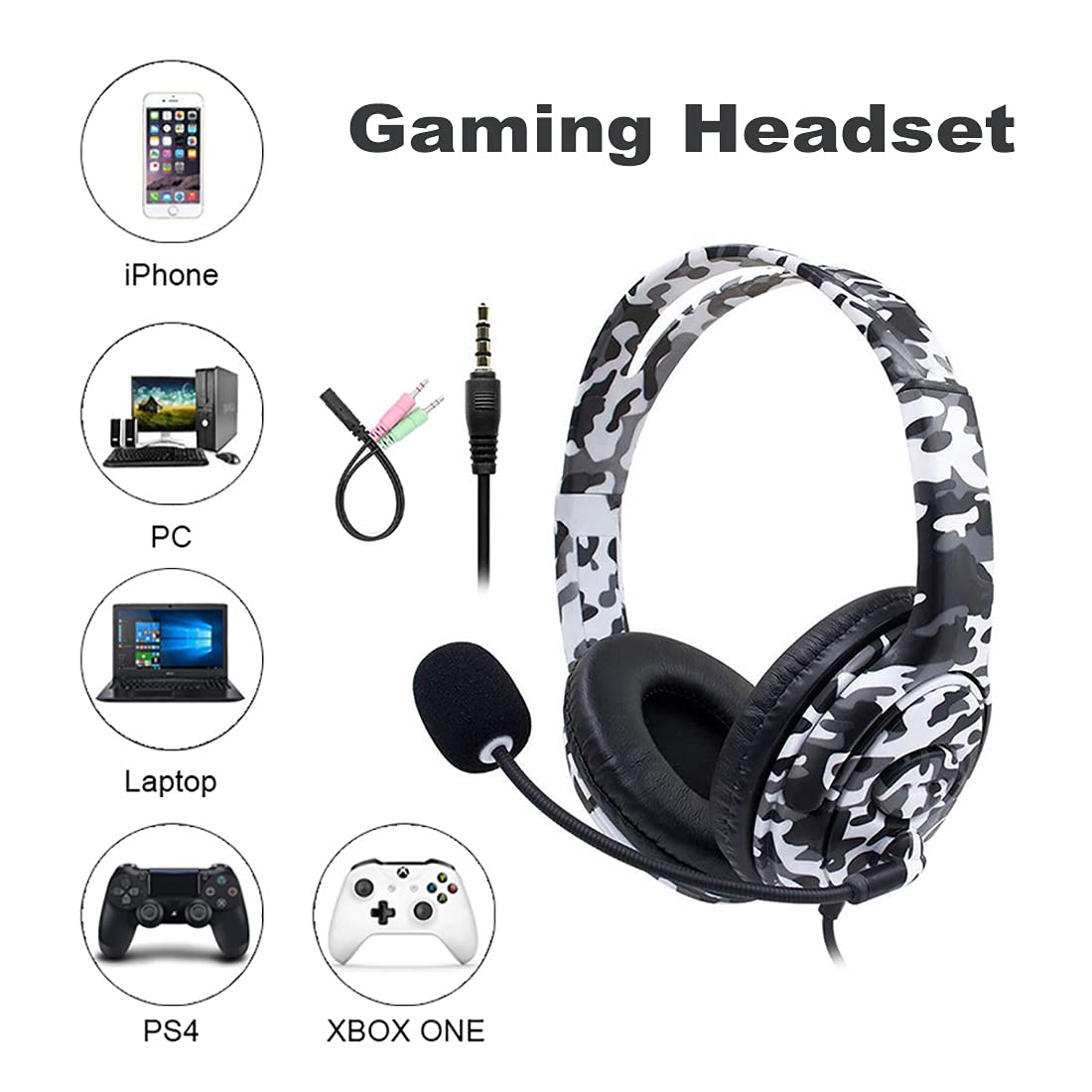 Deucalion Over Ear Headphones Wired Gaming Headset Earbud 3.5mm Jack for PS4 PS5 Phone PC Laptop Xbox One s Switch Kids Gift Present Online Course Class with Mic (White)