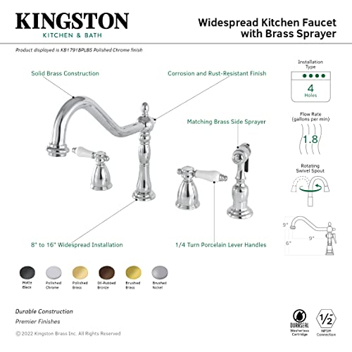 Kingston Brass KB1790BPLBS Bel-Air Widespread Kitchen Faucet with Brass Sprayer, Matte Black