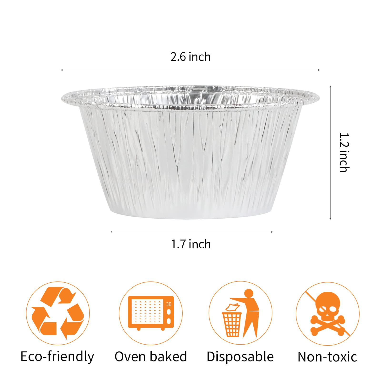 Aluminum Foil Baking Cups, Disposable Ramekin 2.4 Oz Silver Foil Cupcake liners, 200 Pcs Aluminum Baking Cups Egg Tart Liners for Baking, Cupcake, Pudding, Muffin , Creme Brulee