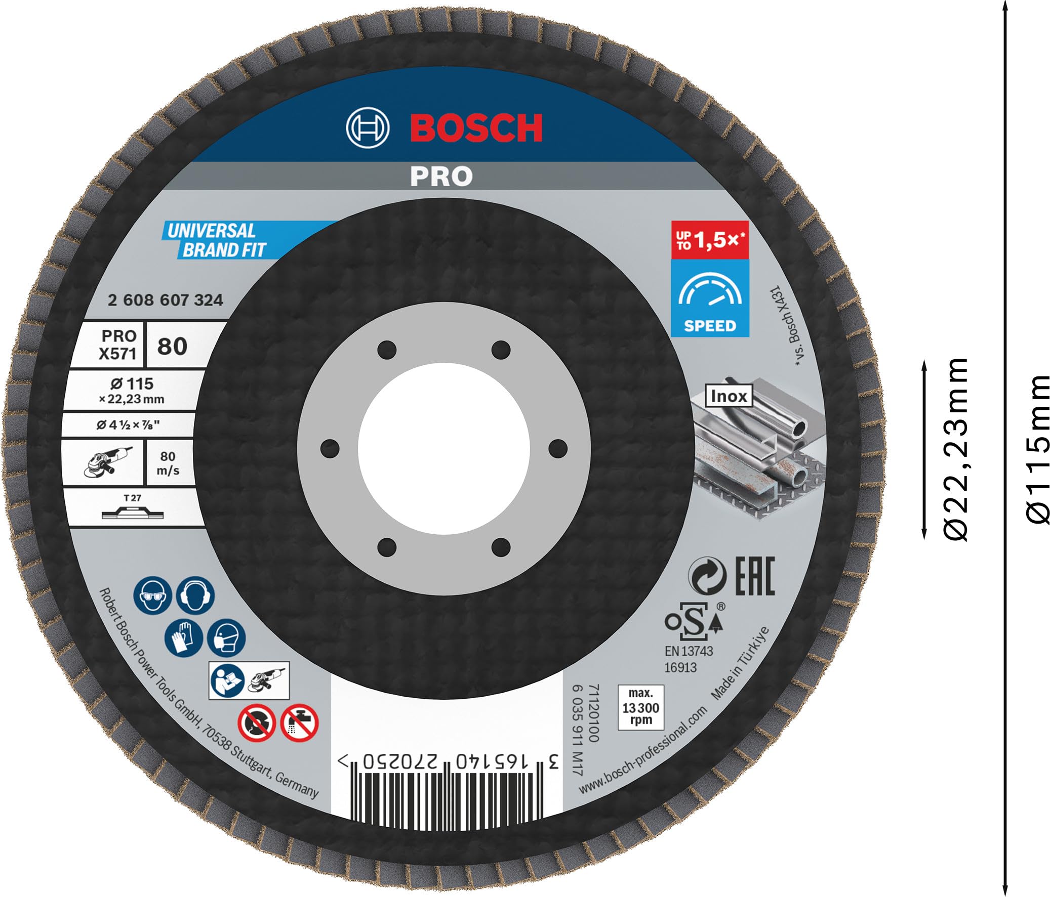 Bosch Accessories 2608607324 X571 Flap Disc for Metal Straight, 115mm Ø, 80 Grit, Black/Brown