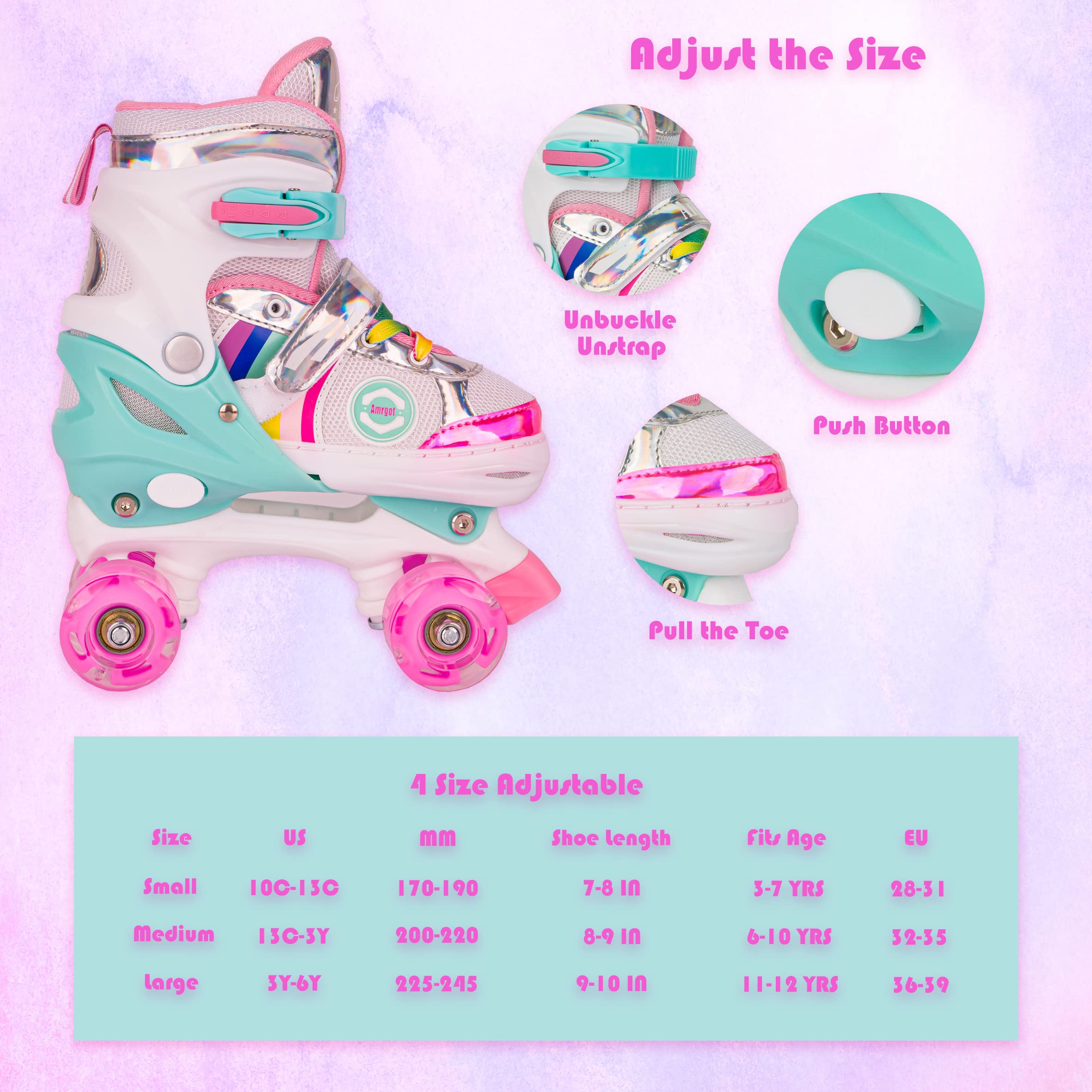 Amrgot Roller Skates for Kids 4 Size Adjustable Roller Skates,Fun for Girls and Ladies