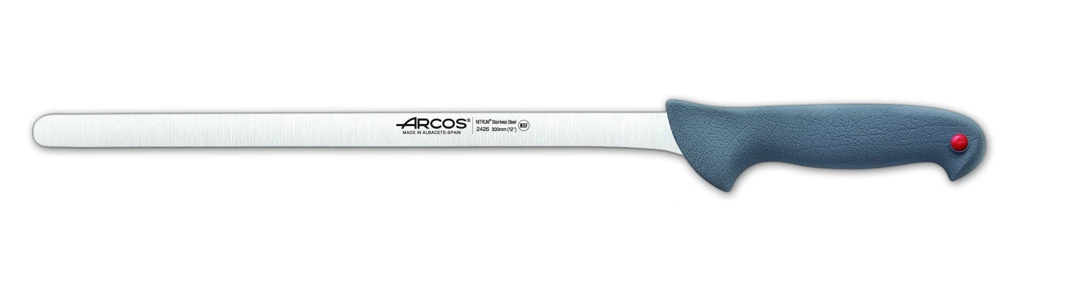 ARCOS Slicing Knife / Ham Knife 12 Inch Nitrum Stainless Steel and 300 mm blade. Ergonomic Polyoxymethylene POM Handle. Series Colour Prof. Greater comfort, adaptability, and resistance. Color Black.