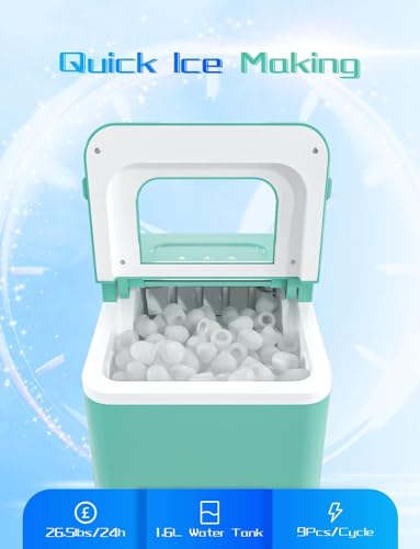 ARLIME Countertop Ice Maker Machine Portable Compact Ice Cube Maker, 9 Ice Ready in 8 Mins, 26Lbs/24H, Self-Cleaning Electric Ice Maker with Scoop and Basket for Home, Office, Party, Bar (Green)