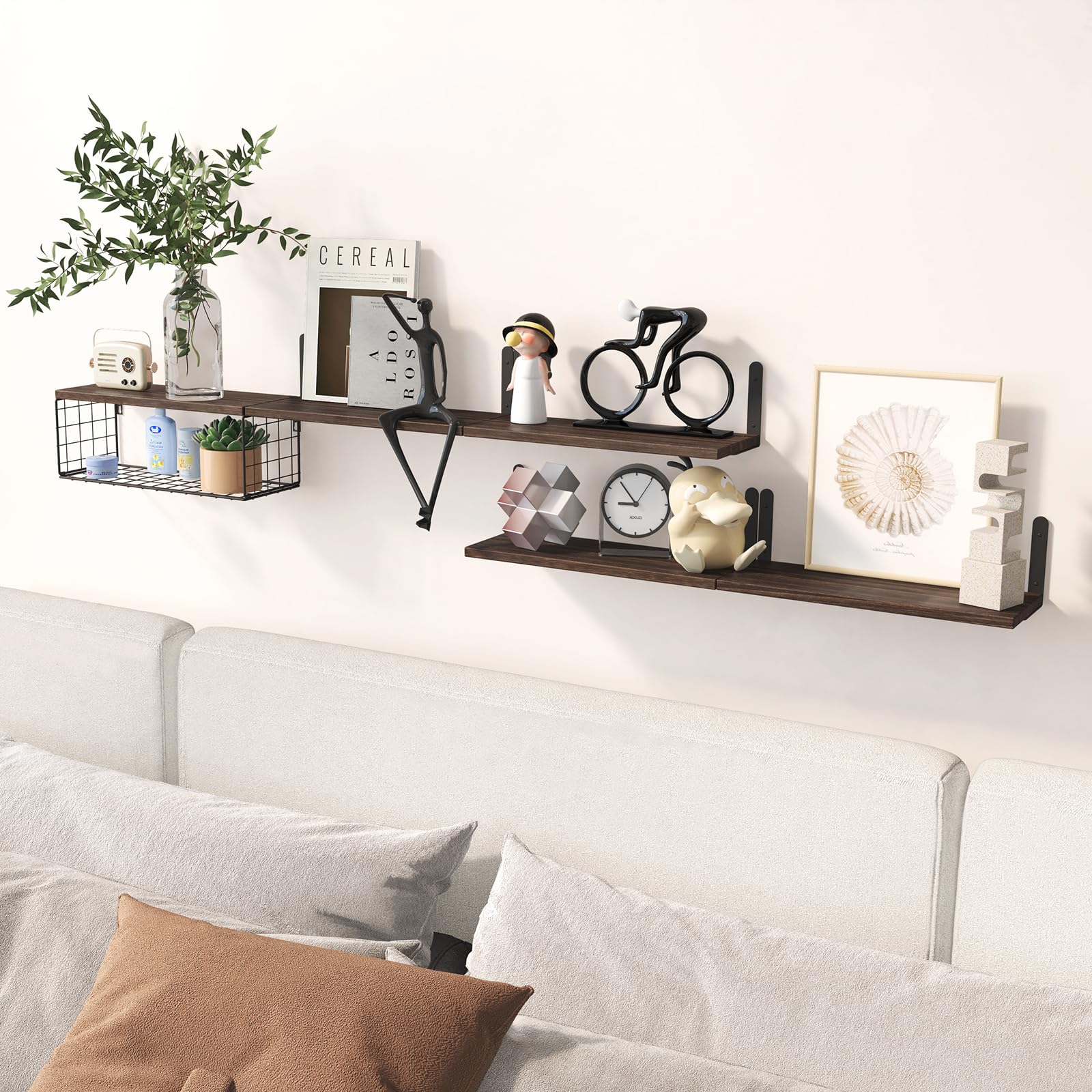 Fixwal 5+1 Tier Bathroom Floating Shelves, Wall Mounted Wood Shelves Over Toilet with Wire Storage Basket, Rustic Wall Decor for Bedroom, Kitchen, Living Room (Dark Brown)