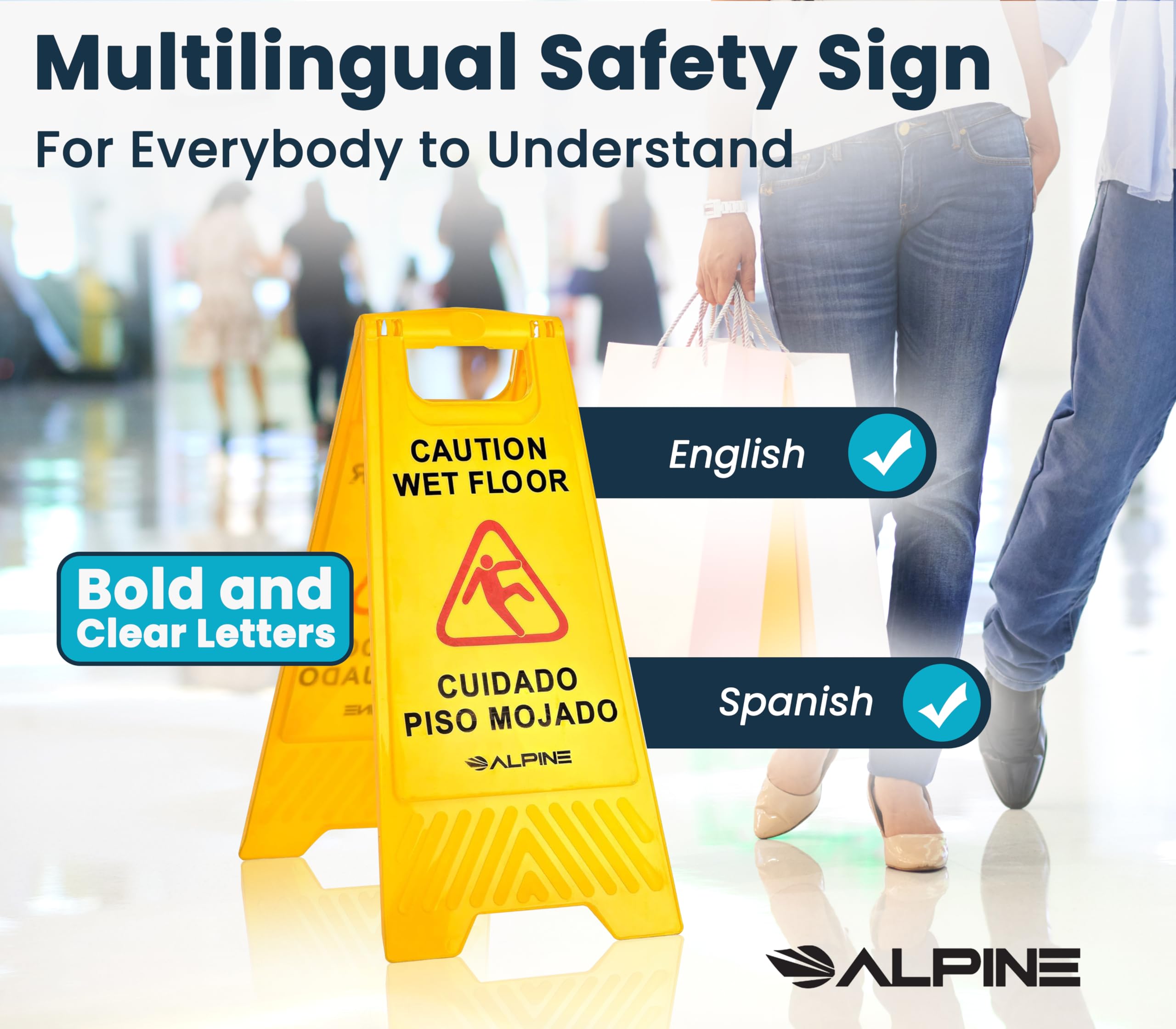 Alpine Wet Floor Signs 3 Pack - 24 Inch Caution Wet Floor Sign, High Visibility Yellow Slippery When Wet Sign - Bilingual Safety Warning Sign to Easily Avoid Slippery Accidents in High Traffic Areas