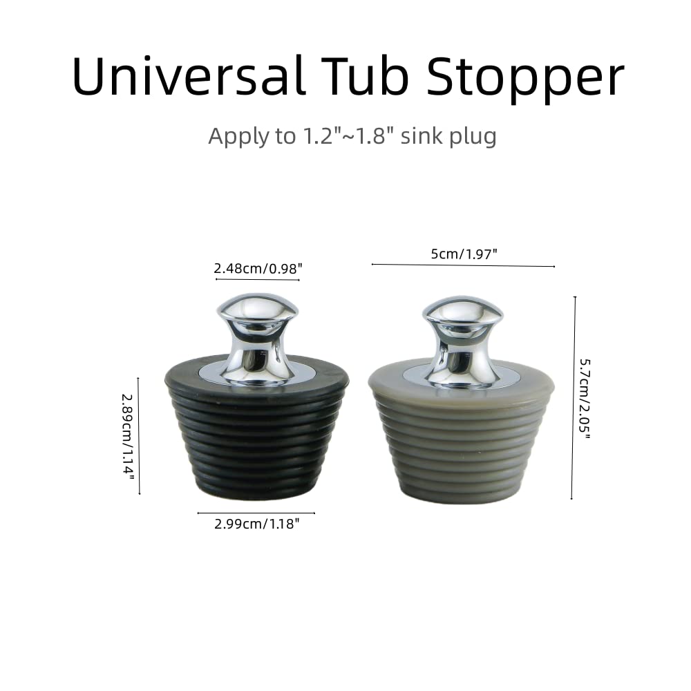 Jeeje 2 Pack Bathtub Stoppers Universal Drain Plug Silicone Tub Stopper with Brass Handle for Kitchen Bathroom Sink Washbasin Accessories Easy to Use (Black and Grey)