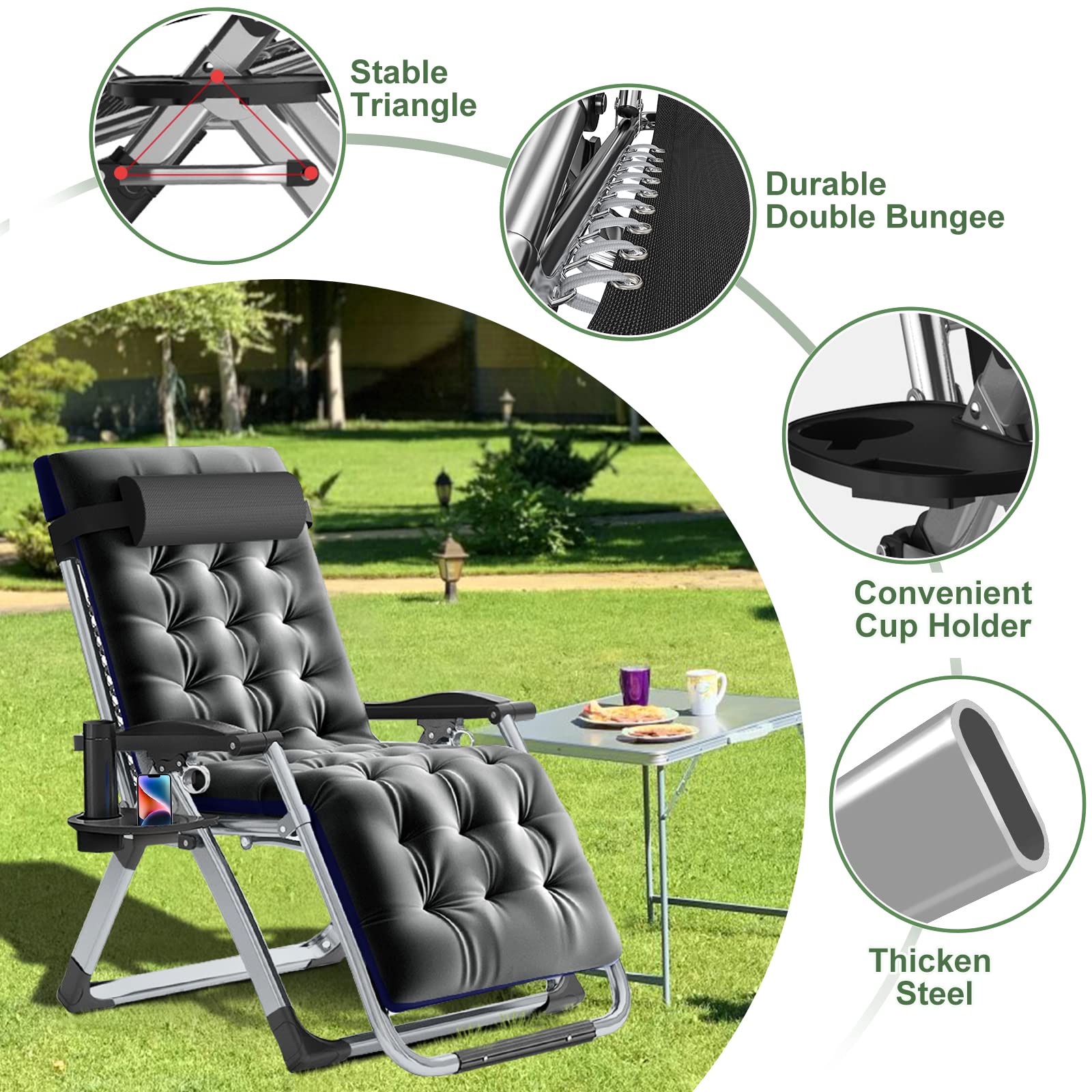 Barbella Zero Gravity Chair Reclining Lounge Chair Patio Chairs, Adjustable Lawn Recliner Folding Lounge Recliners with Removable Cushion, Headrest & Cup Holder, Reclining Chair for Indoor and Outdoor