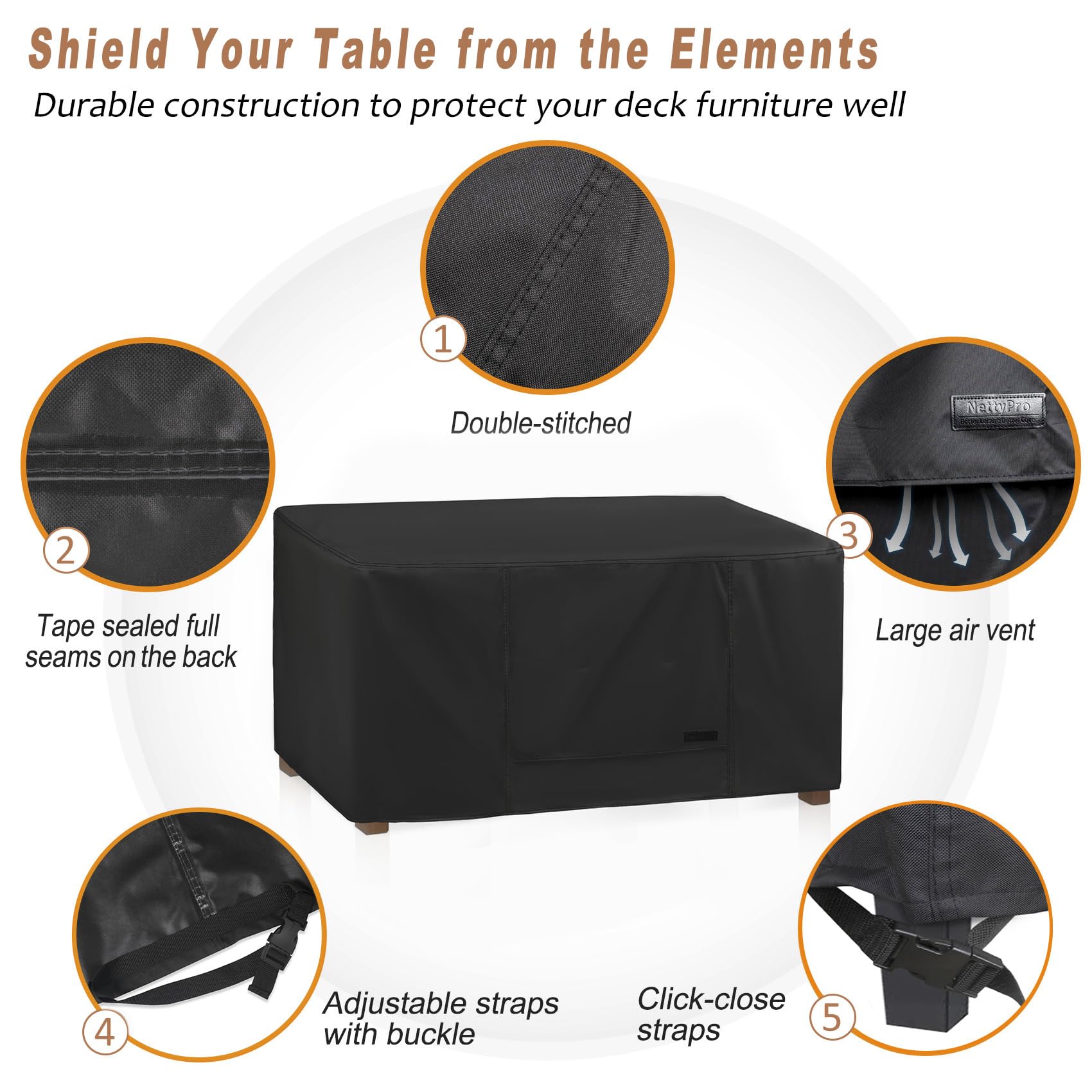 NettyPro Patio Coffee Table Cover Rectangular, Waterproof Outdoor Furniture Small Side Table Cover Rectangle, 48x26x18 inch, Black