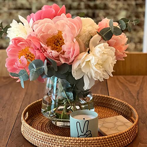 Decorative Coffee Table Tray | Farmhouse Boho Decor | Round Rattan Tray Basket | Wicker Serving Tray with Handles | Drink, Tray for Ottoman | Circle Round Tray | Fall Decor