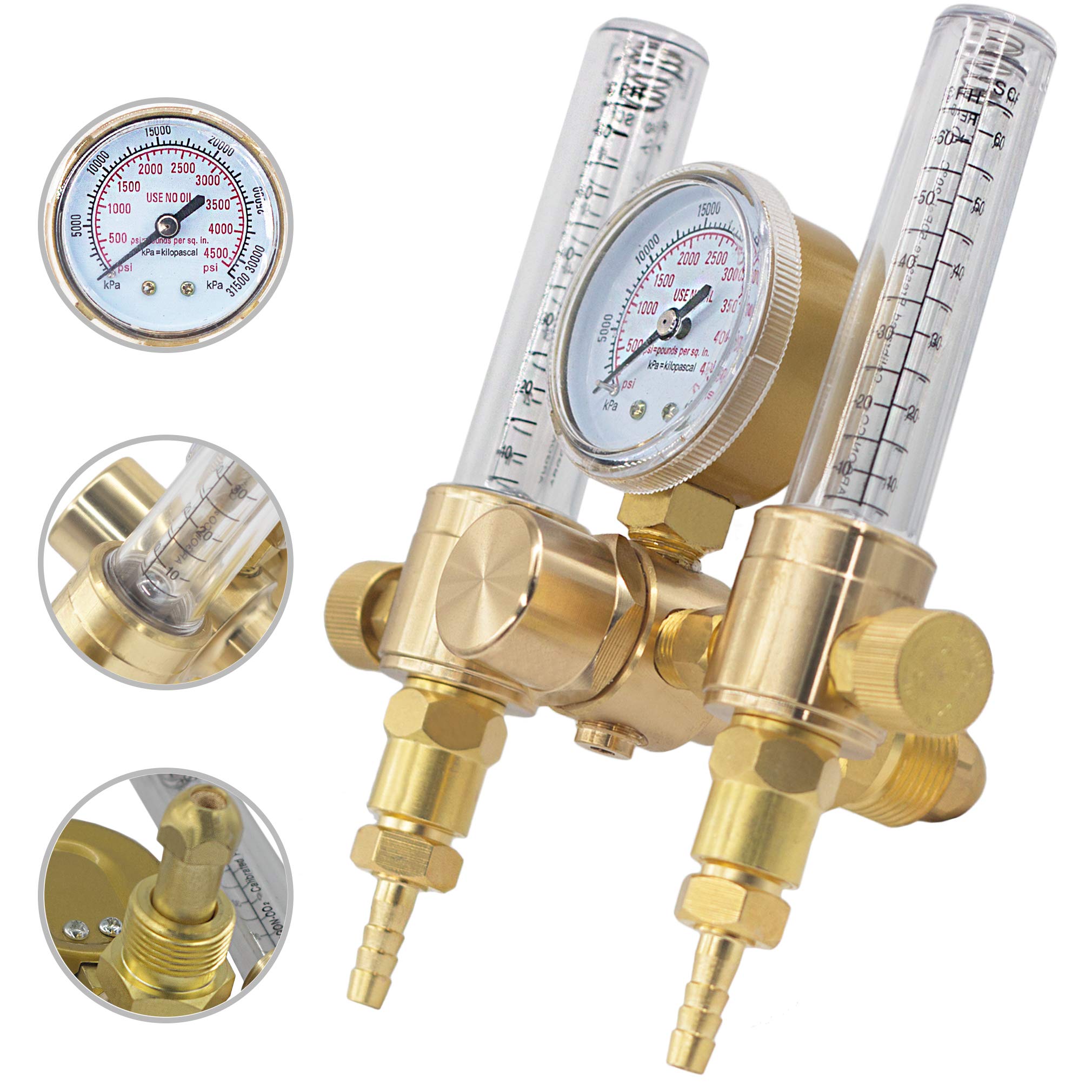 AWLOLWA Argon Regulator Dual Output CO2 Flowmeter for TIG MIG Welder Gas And Backpurge 60 SFCH - CGA 580 Inlet Connection And 5/8" x 18RH Outlet Fitting - Accurate Gas Metering Delivery System