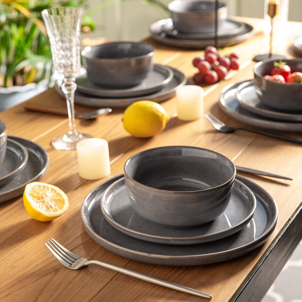 AmorArc Ceramic 10.5inch Dinner Plates and Cereal Bowls set(12PCS), Dishwasher & Microwave Safe, Reactive Grey-Rustic Style