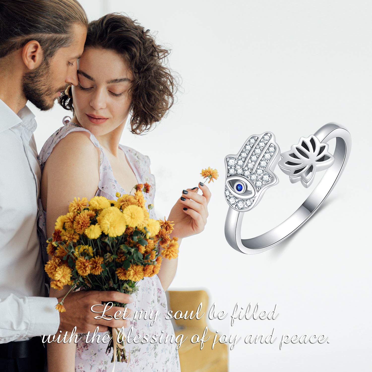925 Sterling Silver Hamsa Hand of Fatima & Lotus Ring Evil Eye Adjustable Open Ring Jewelry Gift for Women (10)