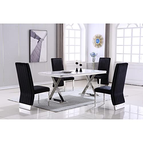 AZhome Dining Chairs, Black Velvet Upholstered Dining Room Chairs with Nailhead Trim and Silver Mirror Stainless Steel Legs, Set of 2