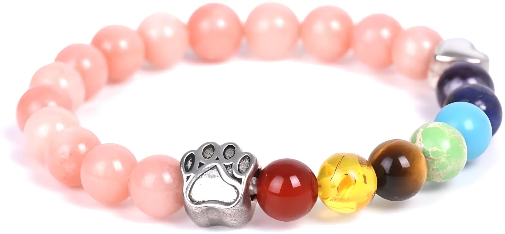 7 Chakra Natural Stone Paw Charm Bracelet (Pink) Lava Rock Mala Beads Elastic Bracelet Yoga Meditation Healing, Dog Puppy Cat Animal Paw Bracelet