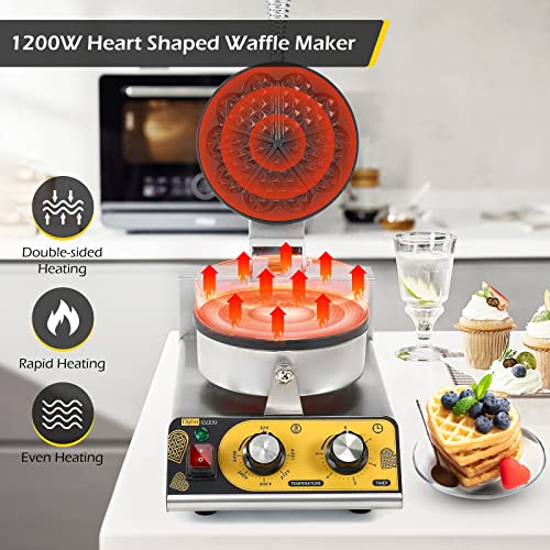 Dyna-Living Commercial Waffle Maker Heart-shaped Waffle Iron Machine 1200W Electric Waffle Machine for Home Use, Non-Stick Round Waffle Baker Maker with 122-482β Temp Range and Time Control (5-Heart)