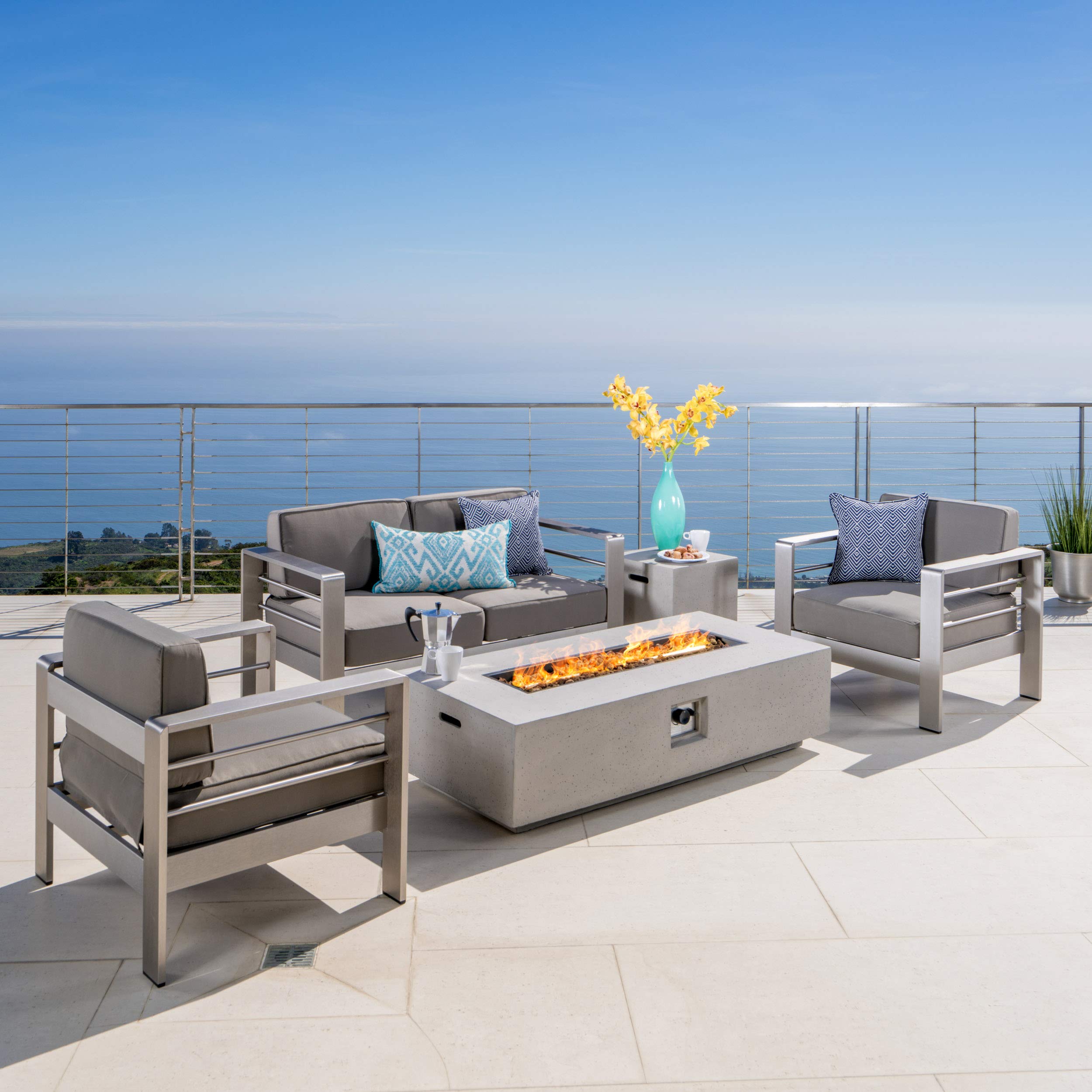 Christopher Knight Home Cape Coral Outdoor Chat Set with Fire Table, 5-Pcs Set, Khaki / Light Grey