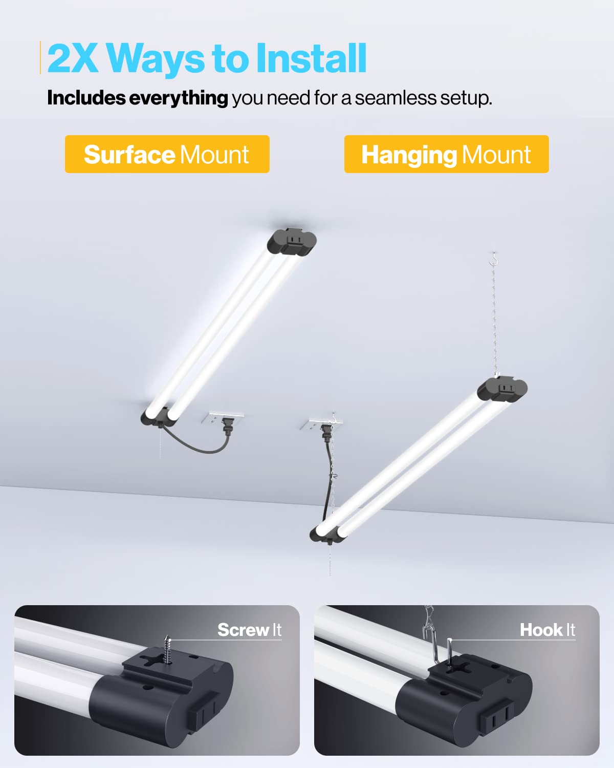 Sunco 8 Pack Linkable LED Utility Shop Light, 4500 LM, 6000K Daylight Deluxe, 4 FT, 48 Inch Integrated Fixture for Garage, 40W Equivalent 150W, Surface + Suspension Mount, Black