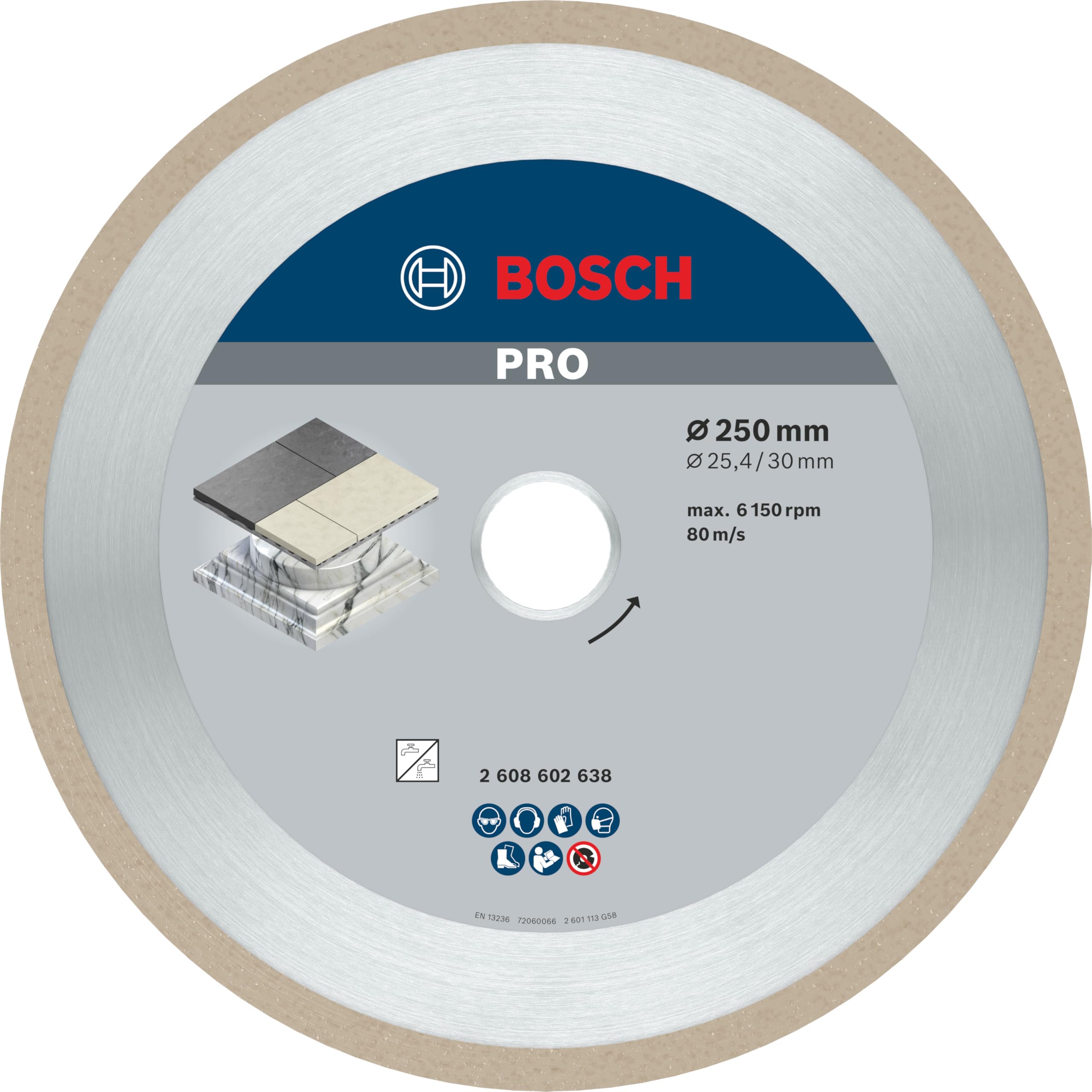 Bosch 2608602638 Diamond Cutting Disc Best for Ceramic, 250mm Ă, 30/25.40mm x 2.4mm x 10mm, Silver/Grey
