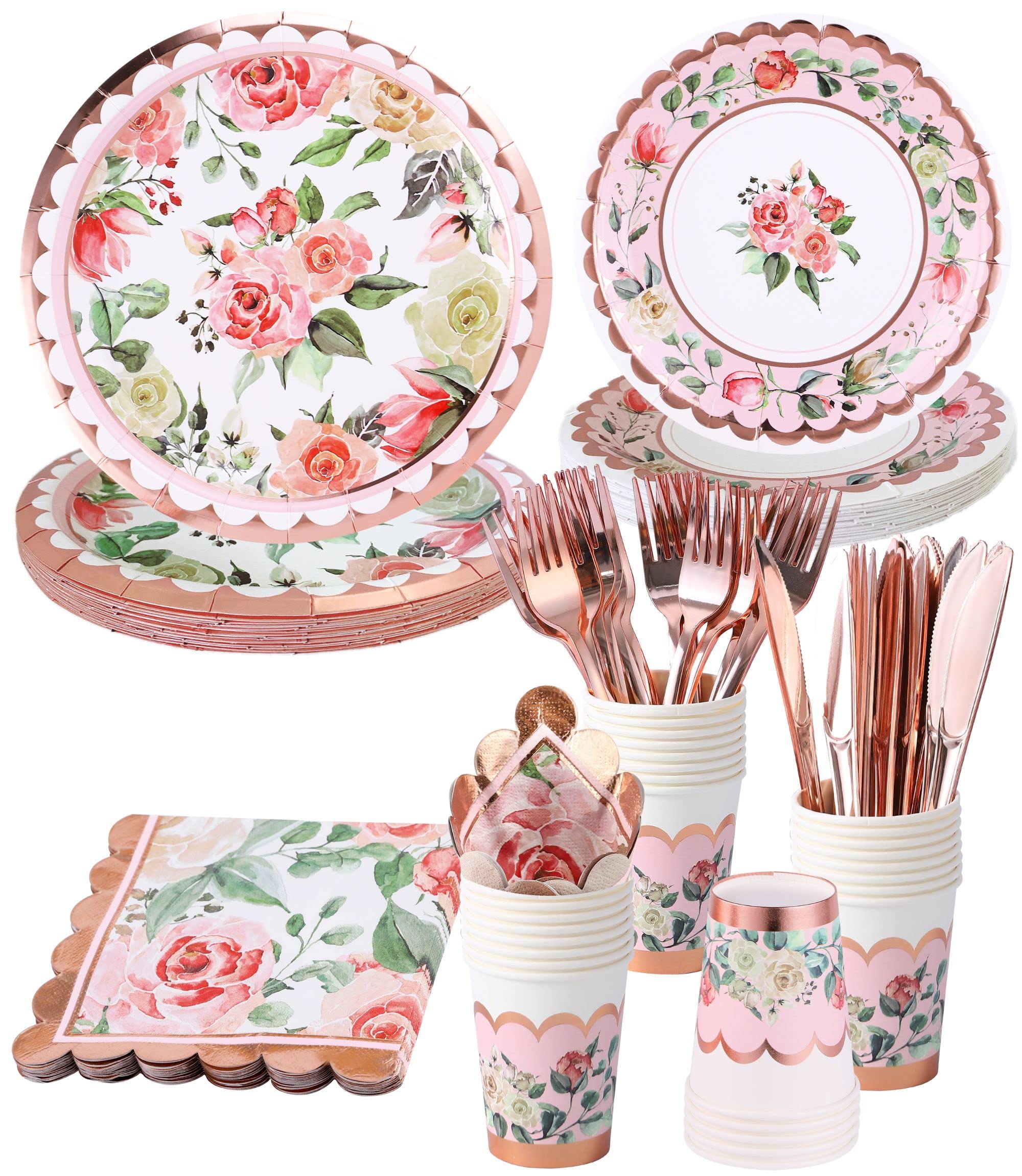 Vintage Floral Party Supplies Rose Gold - Serves 16 - Includes Floral Paper Plates Cups Napkins Knifes Forks for Baby Shower Bridal Shower Wedding Flower Birthday Decorations Garden Tea Party