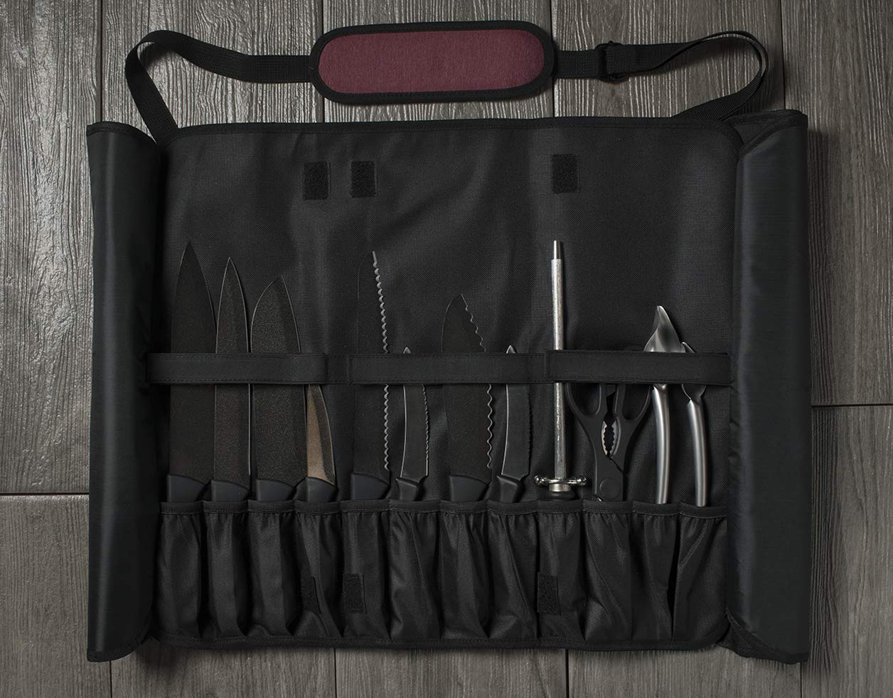 Asaya Chef Knife Roll Bag - 20 Total Pockets for Knives and Kitchen Utensils - Made with Stain Resistant Waxed Nylon - For Chefs and Culinary Students - Knives Not Included(Red)