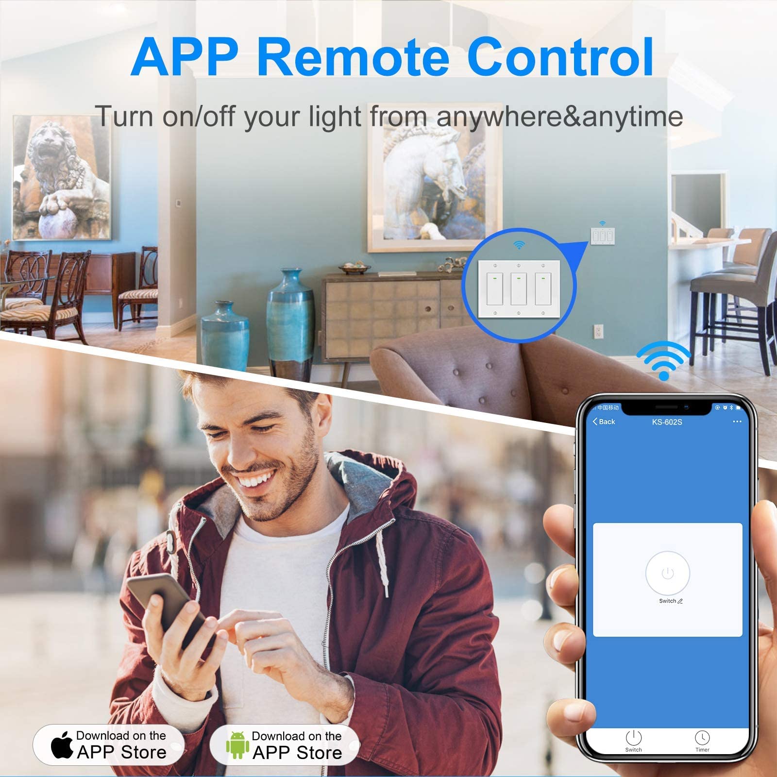 Alexa Light Switch, Smart WiFi Light Switches, Smart Switch 3 Gang，Compatible with Alexa and Google Home, Neutral Wire Needed, No hub Required (3Gang)