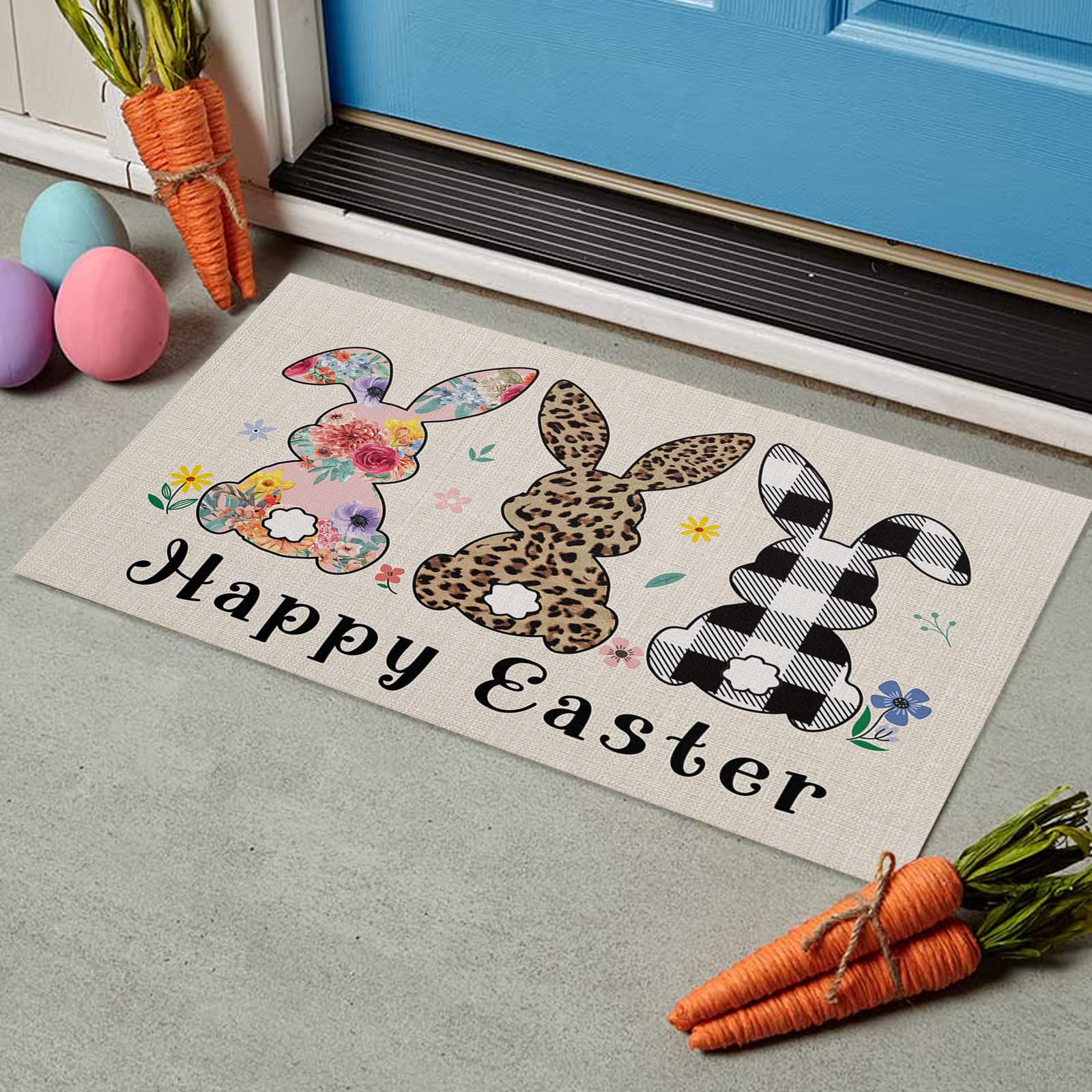 Easter Bunny Doormat - Happy Easter Rabbit Farmhouse Indoor Doormat Seasonal Spring Easter Holiday Floor Mat Low-Profile Rug for Home Office 20" x 31.5"