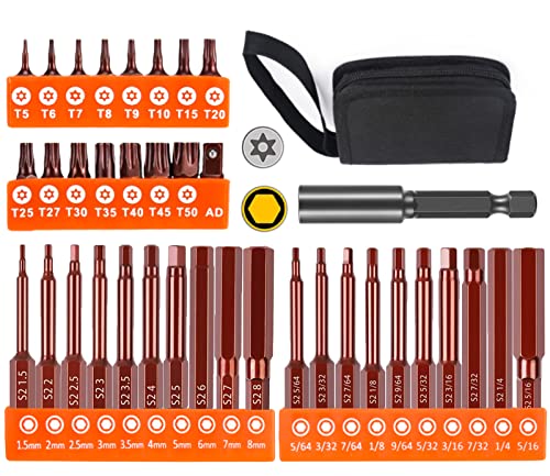 ALWORKKIT 37-Piece Hex Head Allen Wrench Drill Bit & Tamper-proof Torx Bit Set,1PC Strong Magnetic Extension Socket, 1/4" Metric and SAE S2 Steel Hex Bits Set Tool kit. Nice Gifts