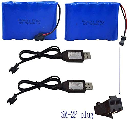 Blomiky 2 Pack 6.0V 700mAh Ni-CD AA Rechargeable Battery Pack SM2P Plug and 2 USB Charger Cable Fit for Old Version 11.5Inch Amphibious Stunt RC Cars Vehicles / 6V 700mAH and USB 2